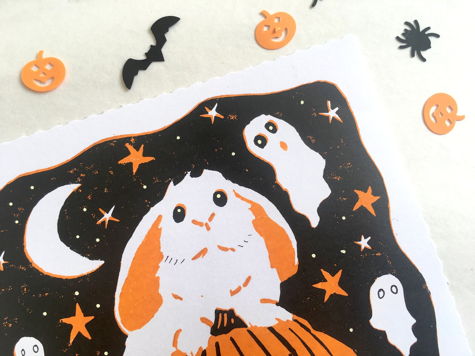 Bunny Halloween Lino Print Original White Rabbit Linocut, Black and ...