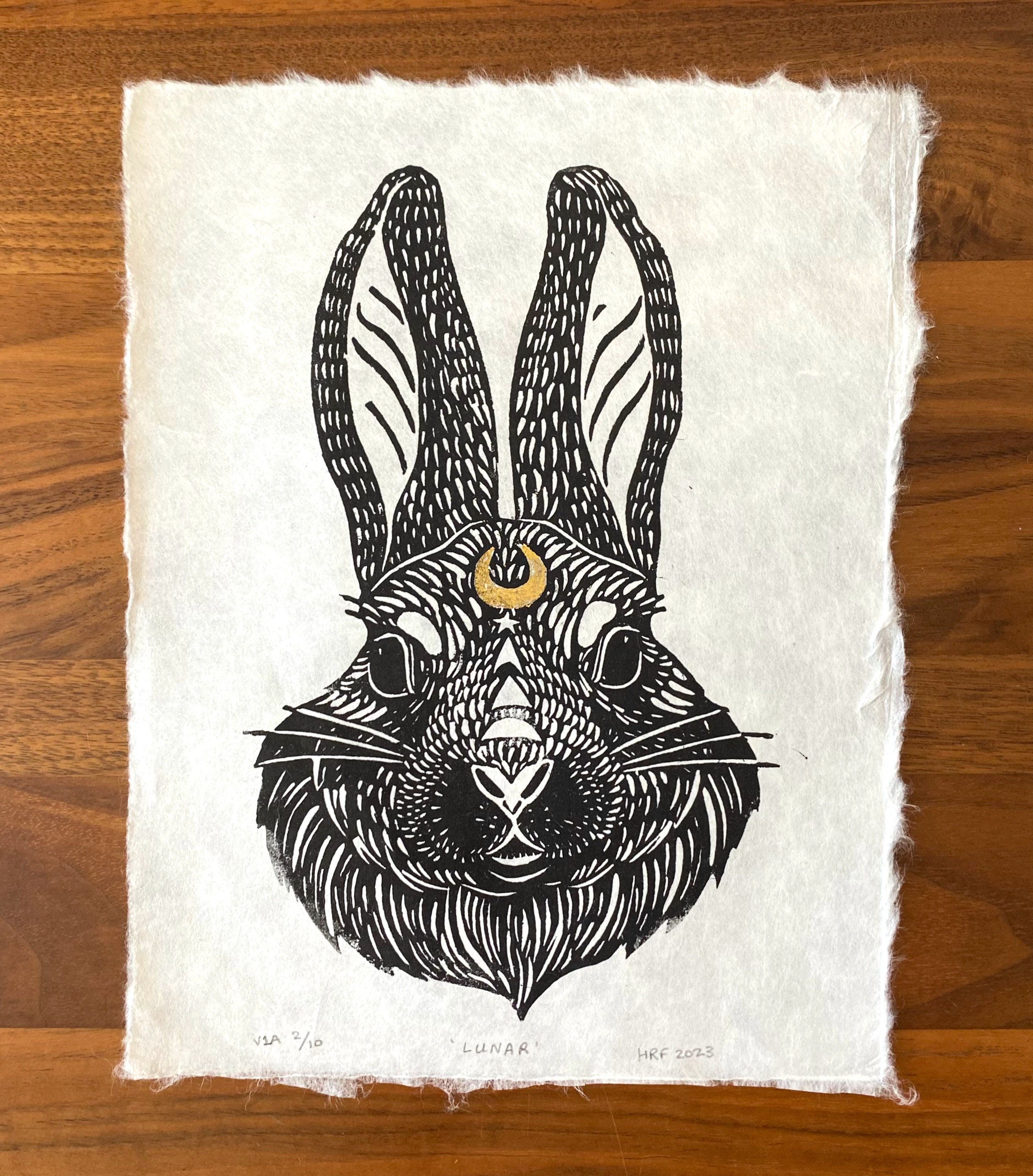 Rabbit Linocut Original Animal Lino Print, Bunny Moon Illustration Wall ...