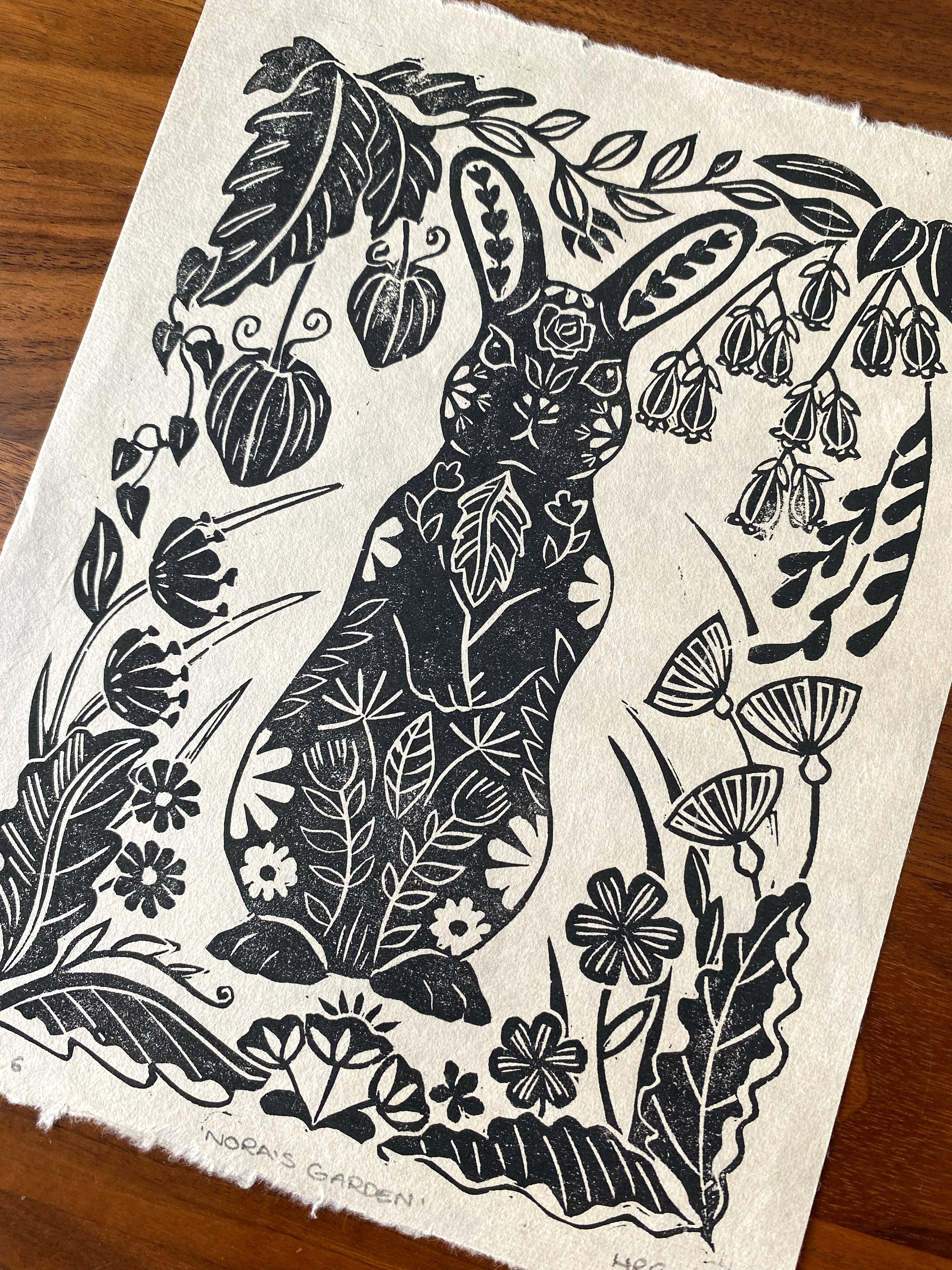 Rabbit Lino Print Black Bunny Linocut Wall Art Original - Etsy