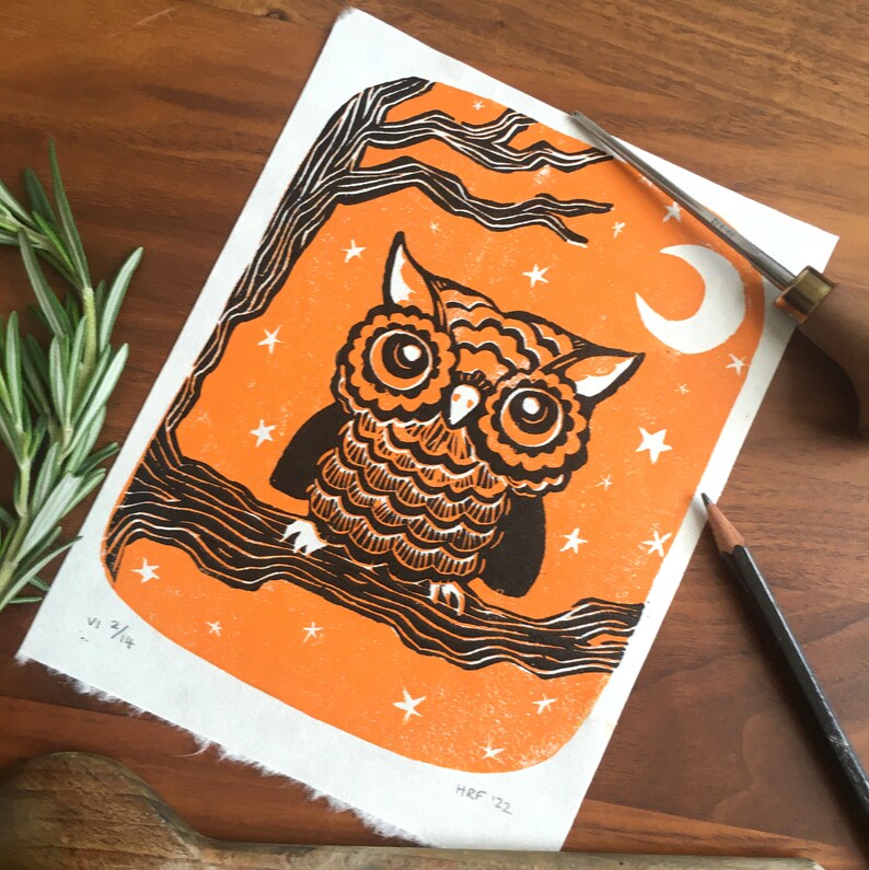 Orange Owl Linocut Original Lino Print Mid-century Modern - Etsy