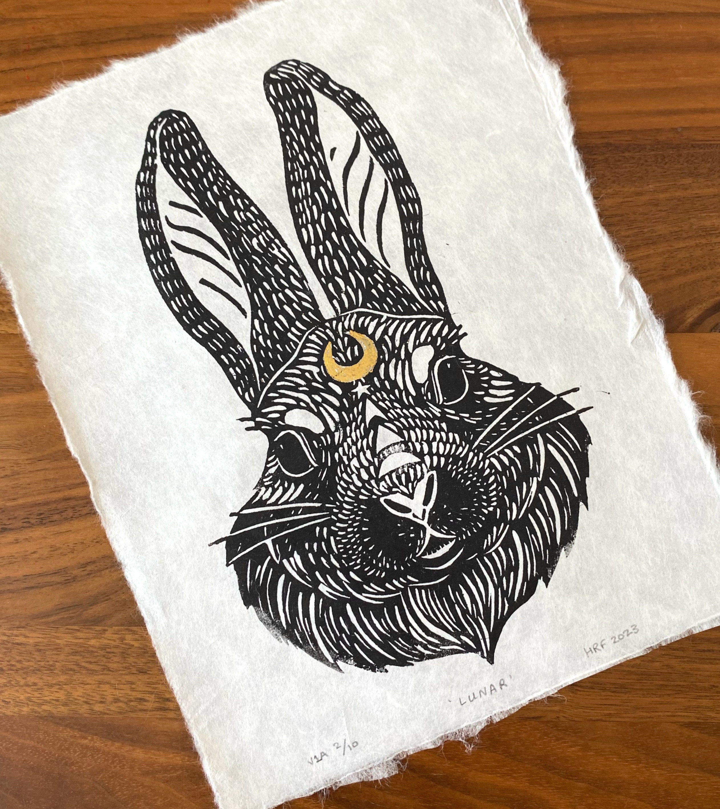 Rabbit Linocut Original Animal Lino Print, Bunny Moon Illustration Wall ...