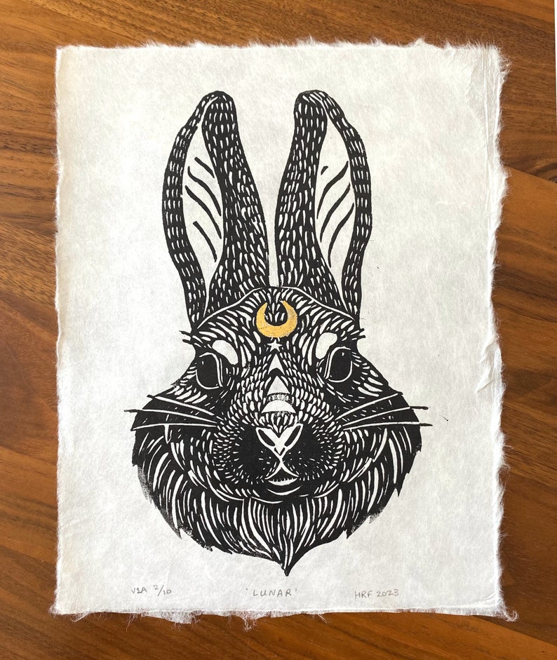 Rabbit Linocut Original Animal Lino Print, Bunny Moon Illustration Wall ...