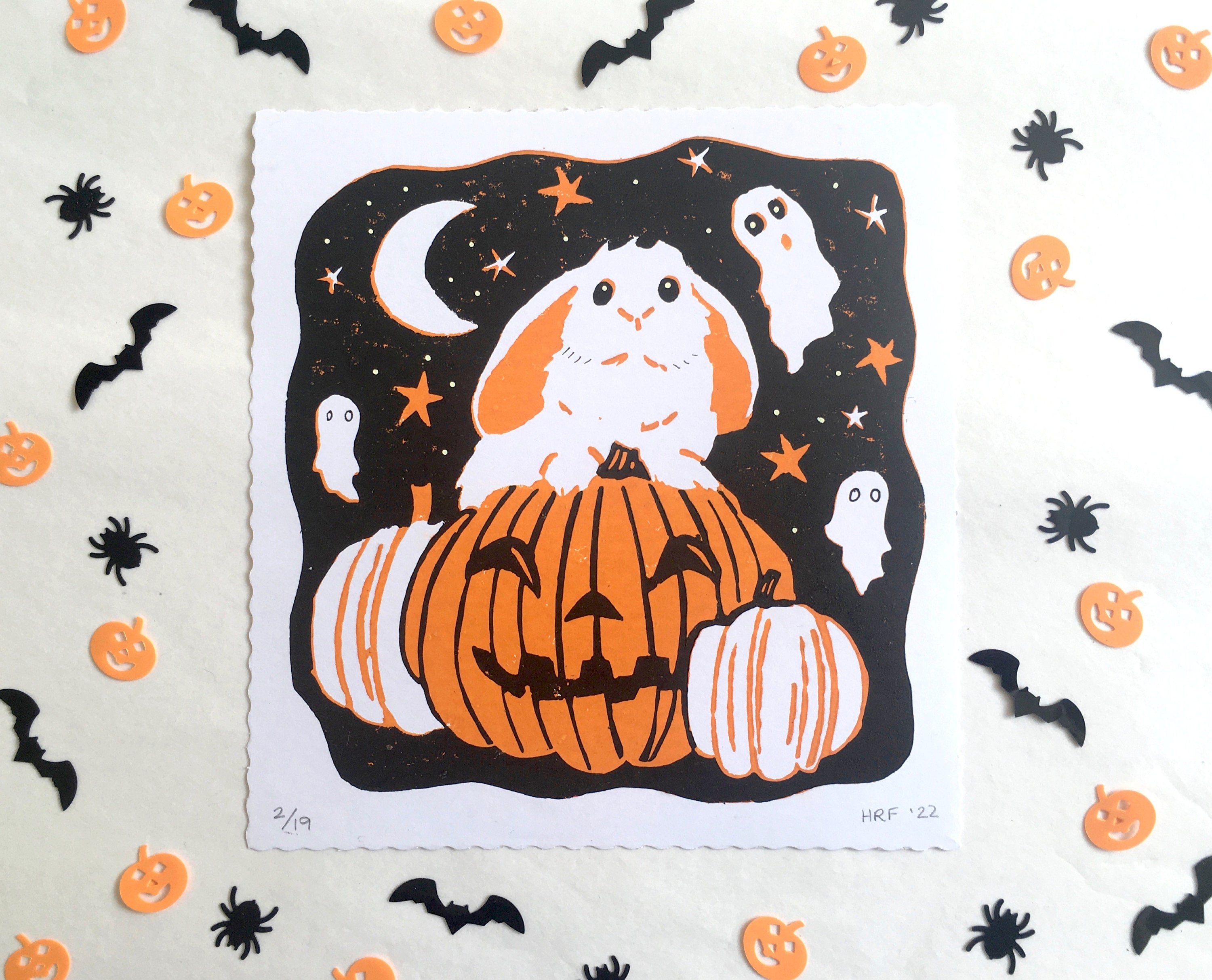 Bunny Halloween Lino Print Original White Rabbit Linocut, Black and ...