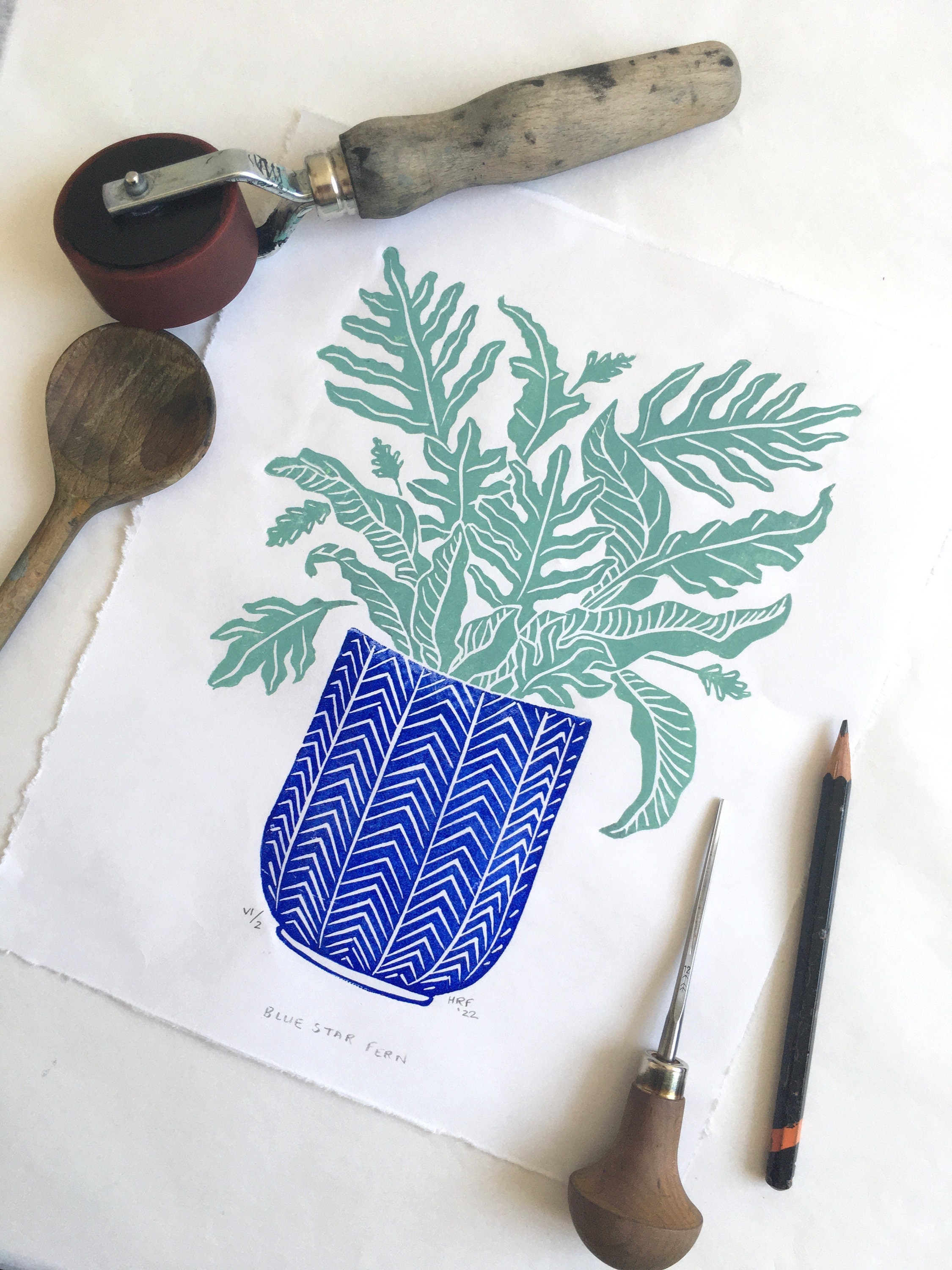 Fern Linocut Blue Star Fern Original Plant Lino Print - Etsy