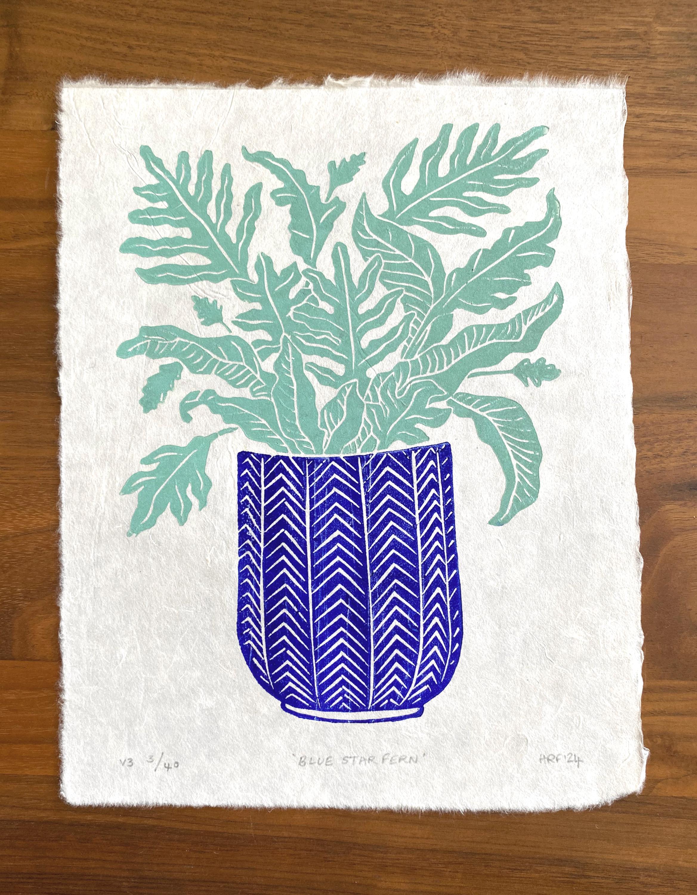 Fern Linocut - Blue Star Fern, Original Plant Lino Print, Houseplant ...