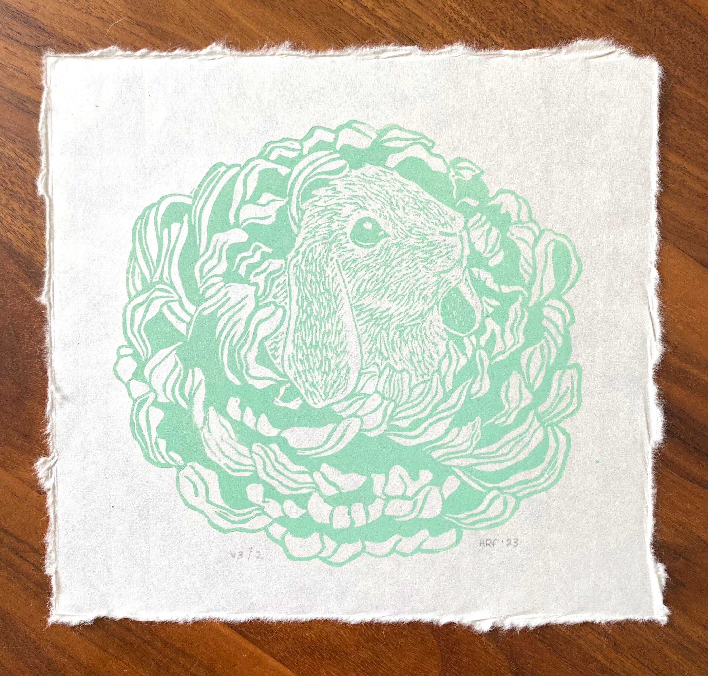 Mint Green Rabbit Linocut Original Lino Print, Bunny in a Flower, Peony ...