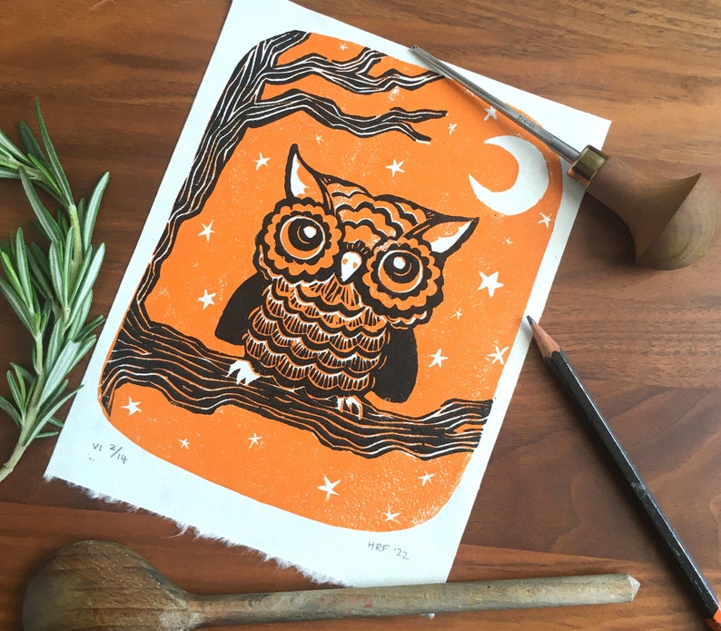 Orange Owl Linocut Original Lino Print Mid-century Modern - Etsy