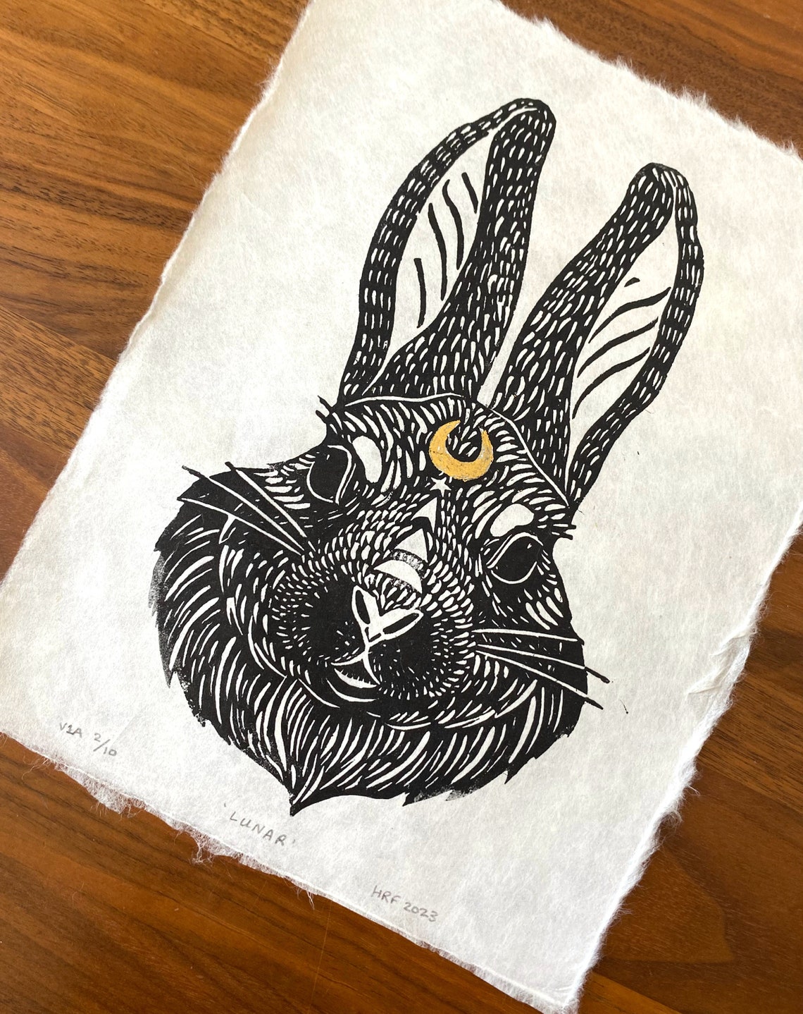 Rabbit Linocut Original Animal Lino Print, Bunny Moon Illustration Wall ...