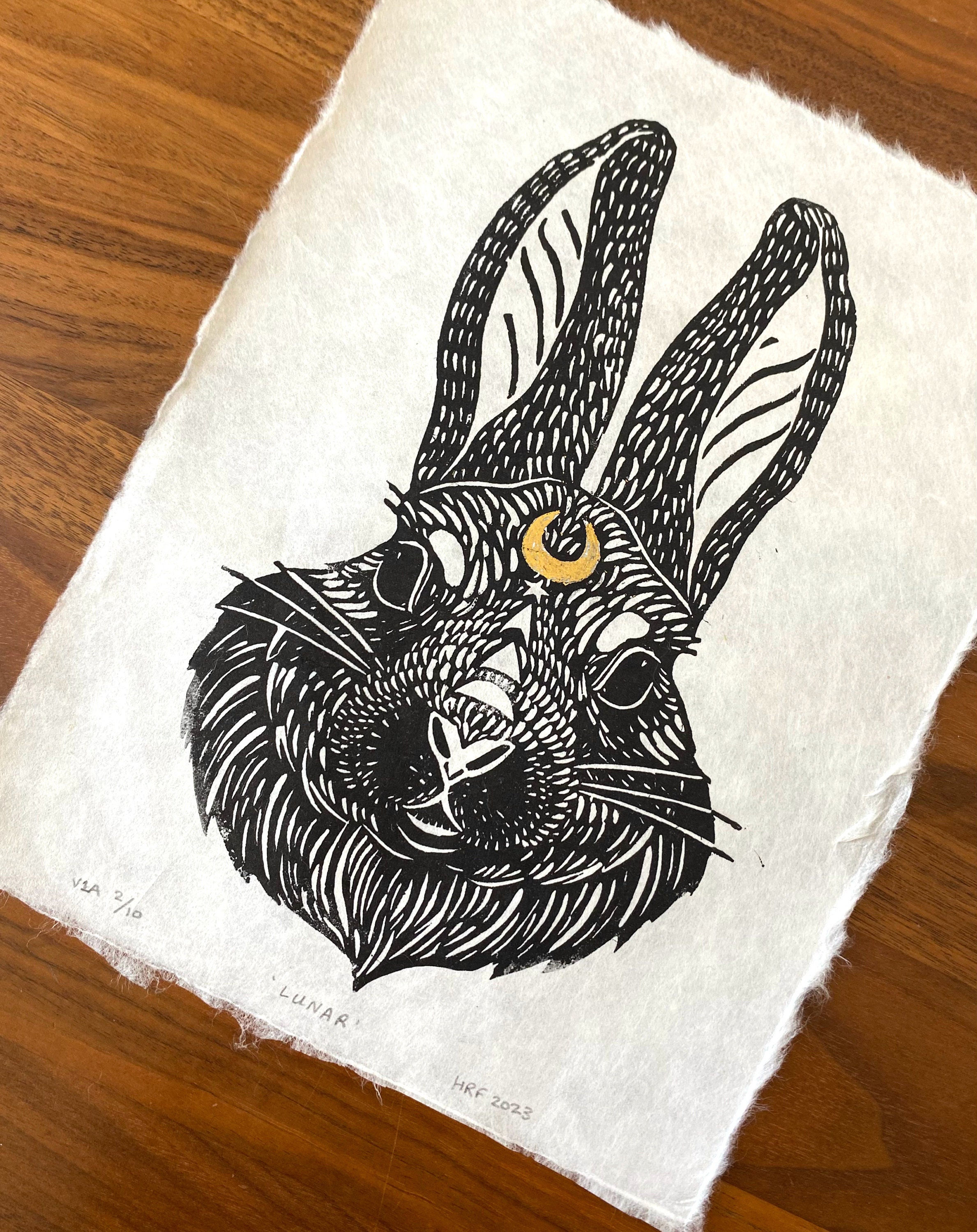 Rabbit Linocut Original Animal Lino Print, Bunny Moon Illustration Wall ...