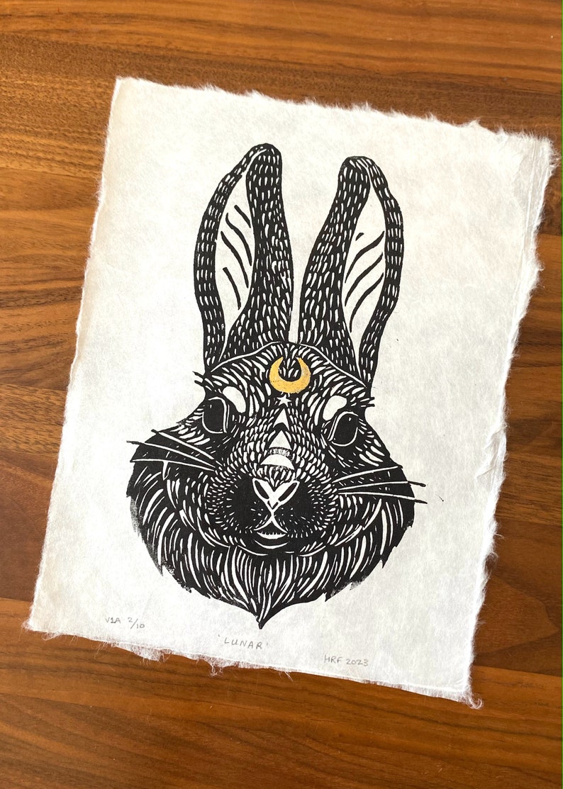 Rabbit Linocut Original Animal Lino Print, Bunny Moon Illustration Wall ...