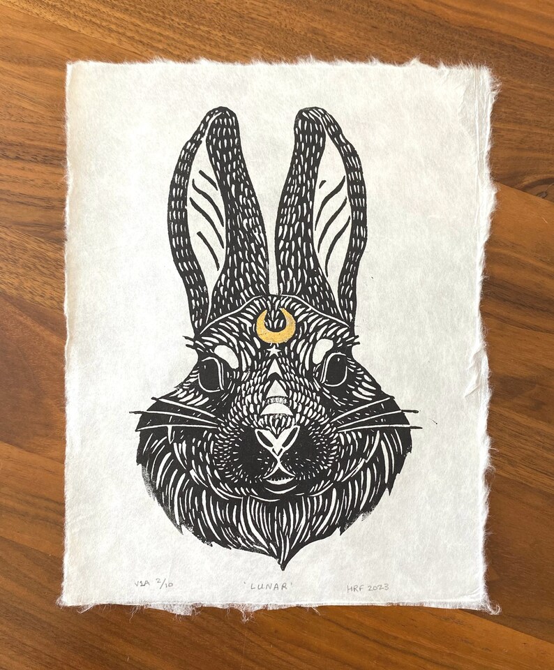 Rabbit Linocut Original Animal Lino Print, Bunny Moon Illustration Wall ...