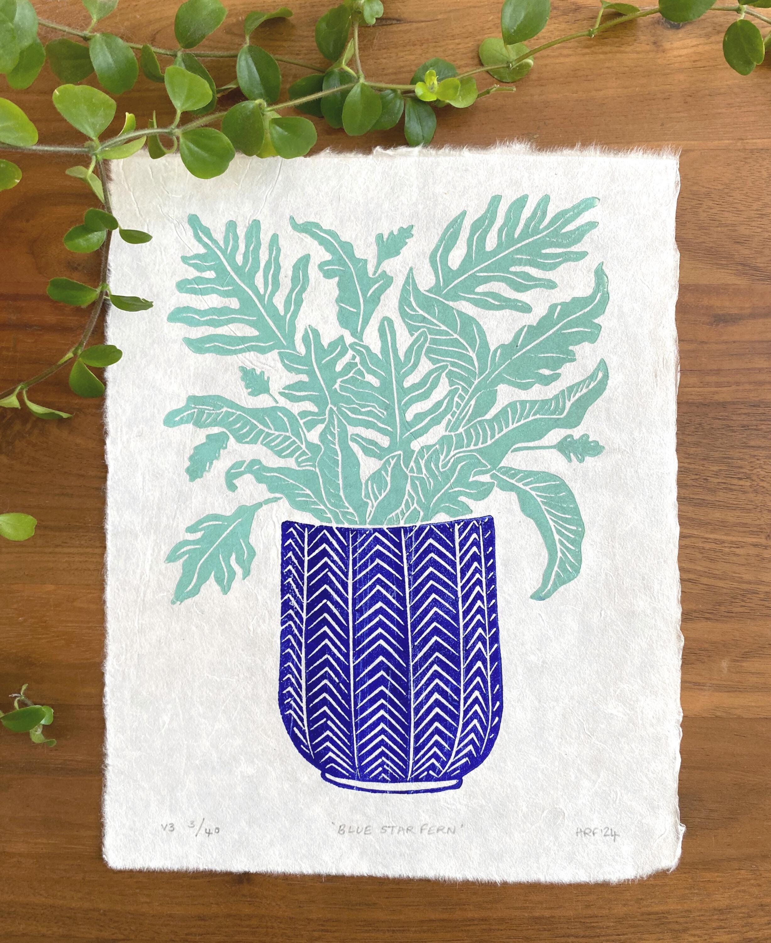 Fern Linocut - Blue Star Fern, Original Plant Lino Print, Houseplant ...