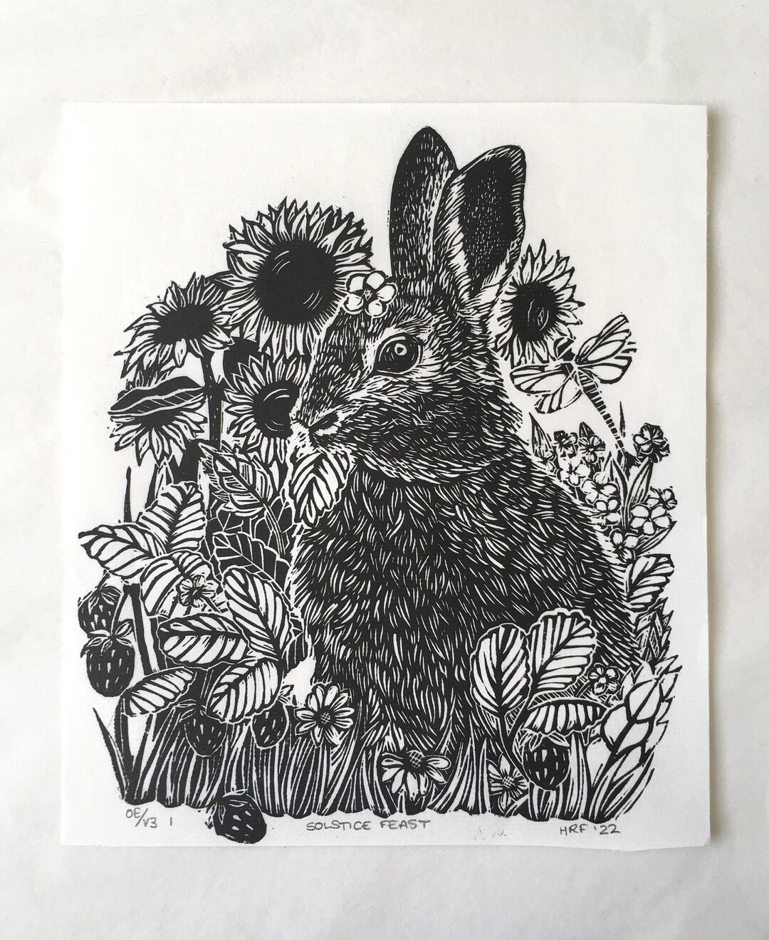 Rabbit Linocut – Handmade Bunny Lino Print, Nature Art on Japanese ...