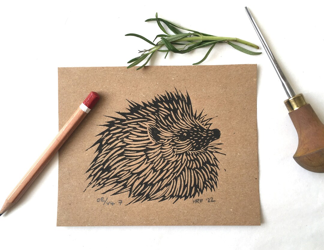 Little Hedgehog Linocut - Original Lino Print, Cute Animal Illustration ...