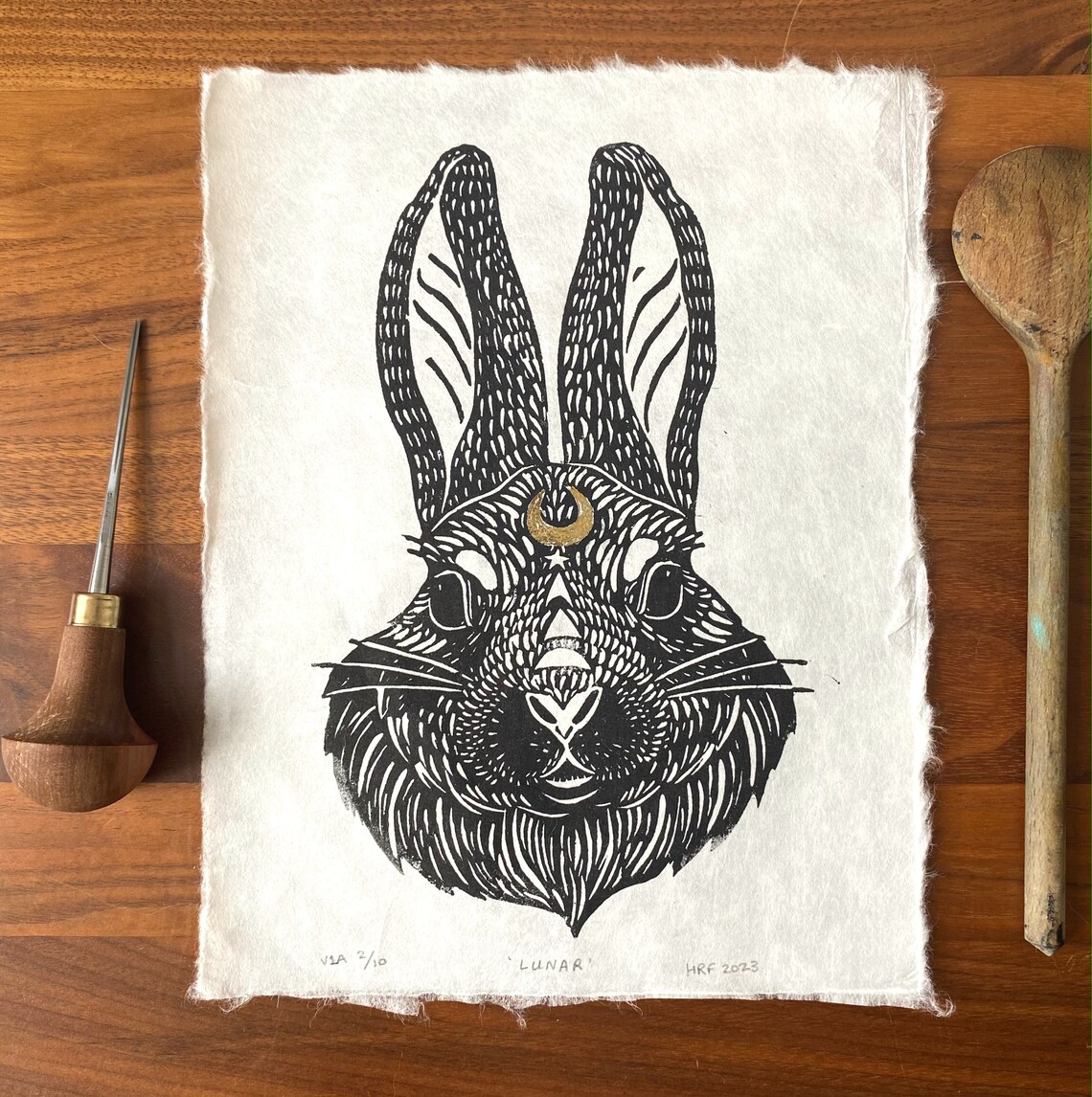Rabbit Linocut Original Animal Lino Print, Bunny Moon Illustration Wall ...