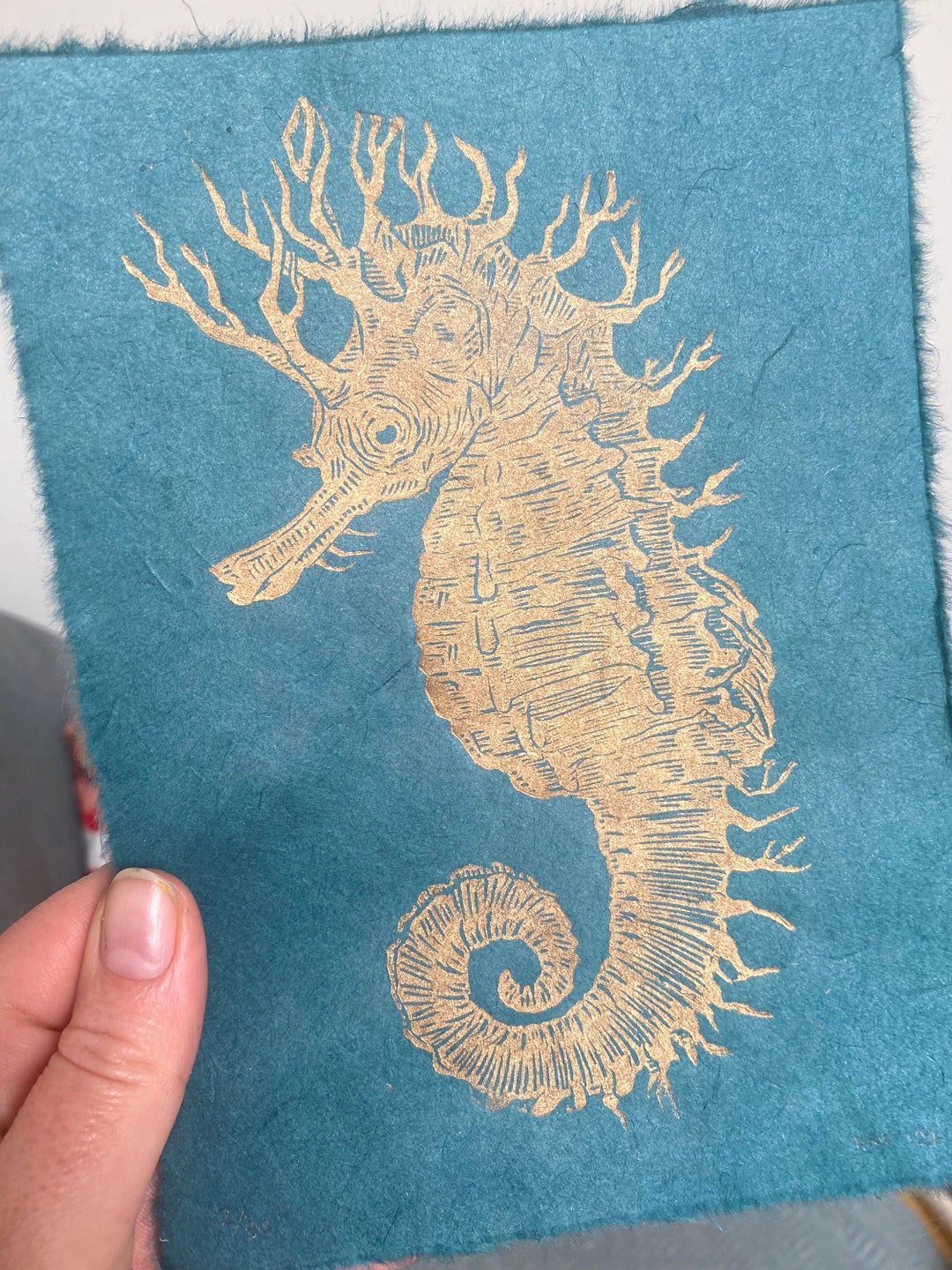 Seahorse Linocut Gold Handmade Lino Print, Coastal Marine Art on Blue ...