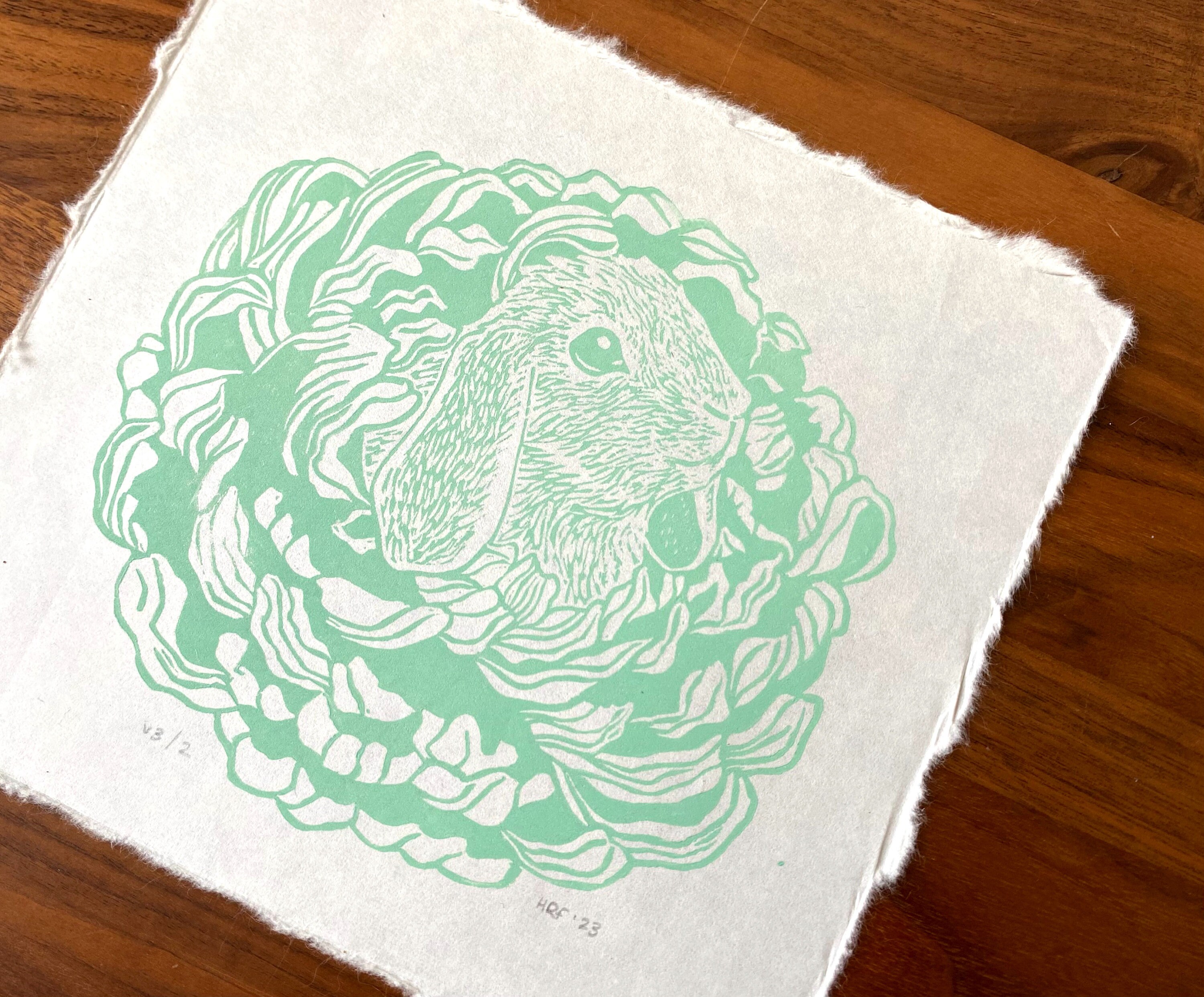 Mint Green Rabbit Linocut Original Lino Print, Bunny in a Flower, Peony ...