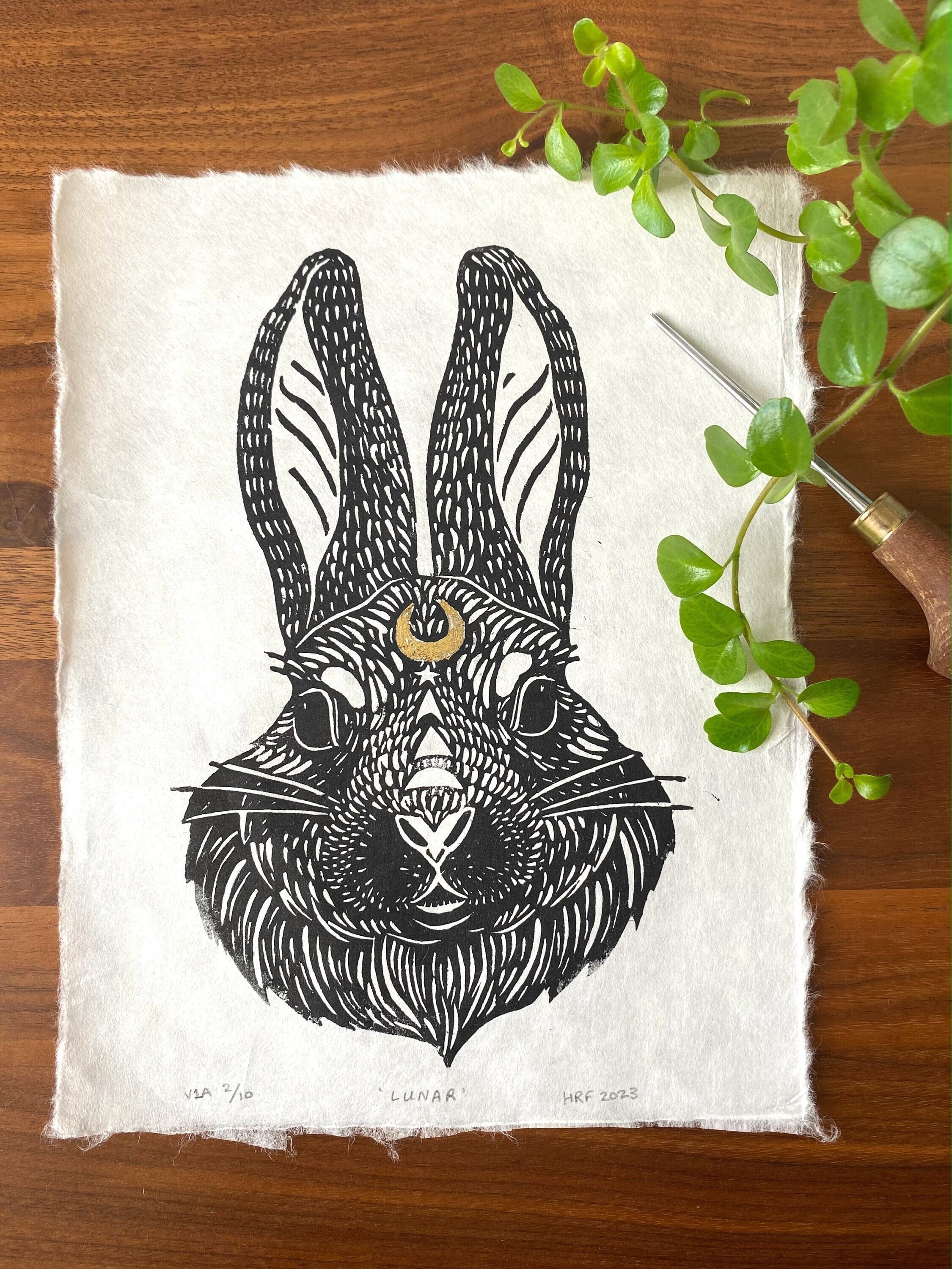 Rabbit Linocut Original Animal Lino Print, Bunny Moon Illustration Wall ...