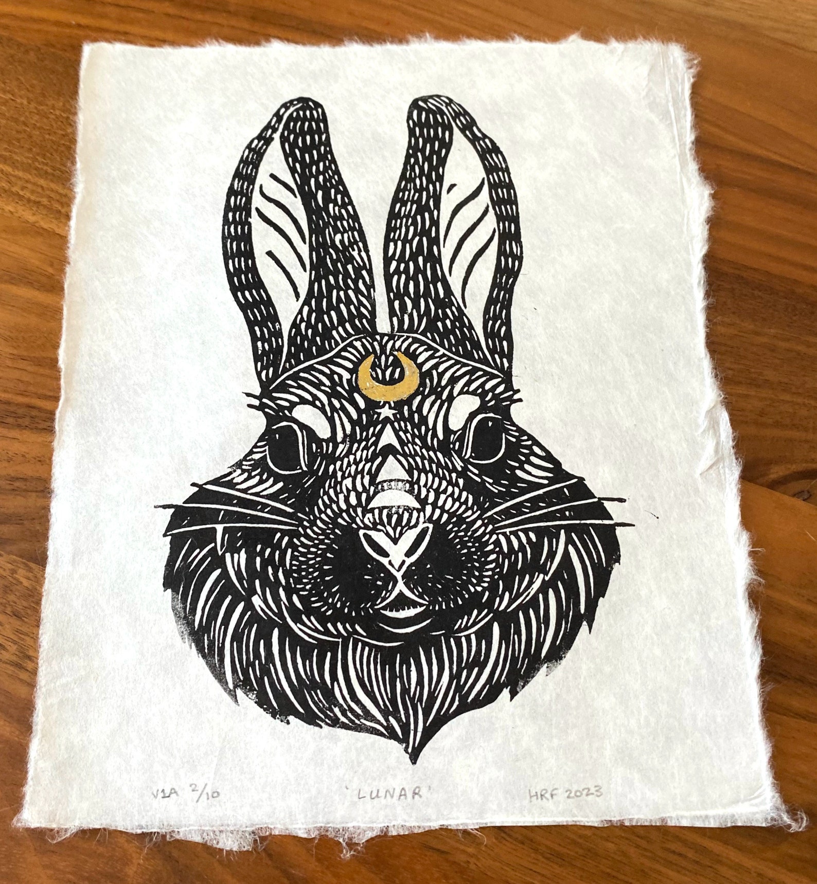 Rabbit Linocut Original Animal Lino Print, Bunny Moon Illustration Wall ...