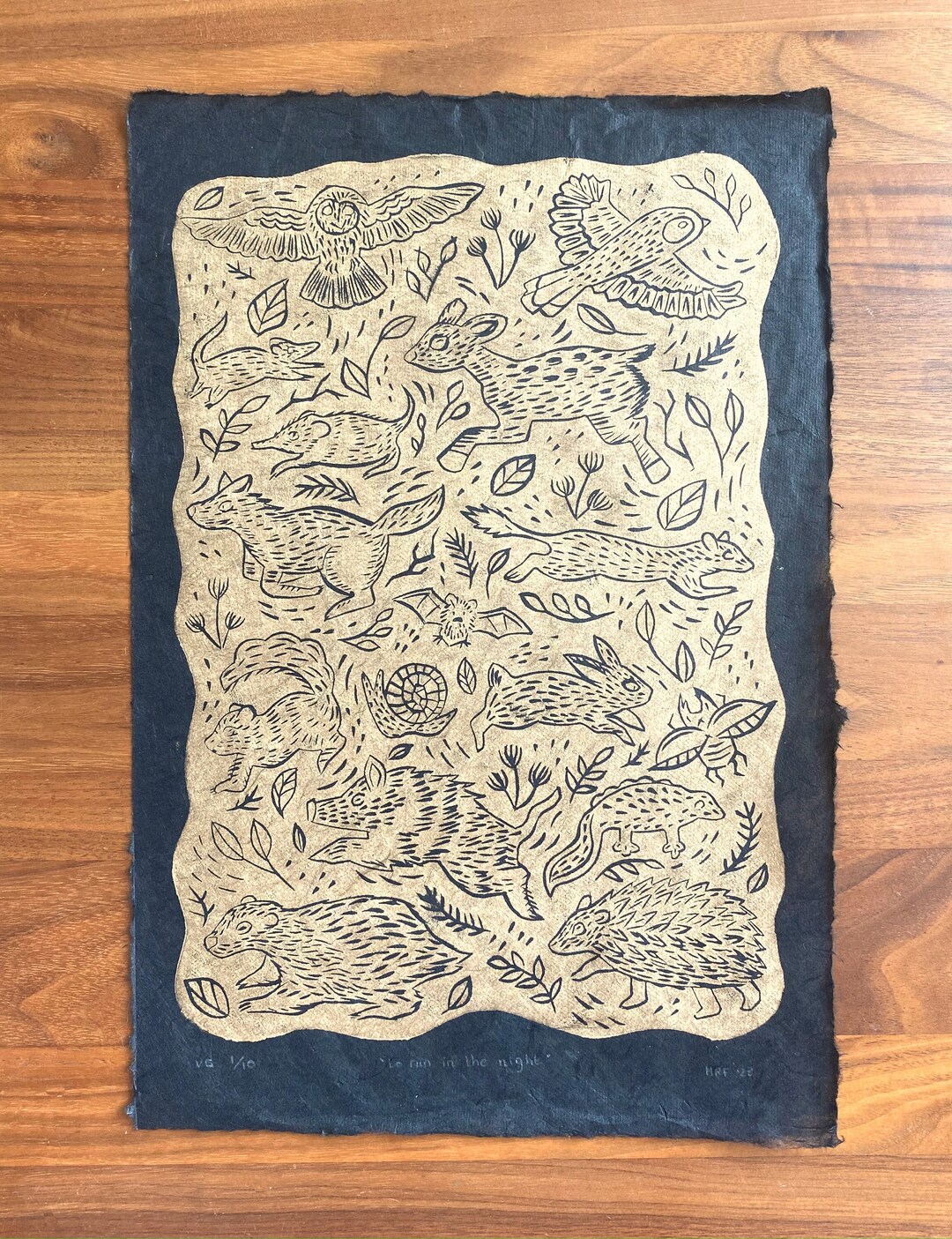 Woodland Animals Linocut Black and Gold Lino Print, Original Wildlife ...