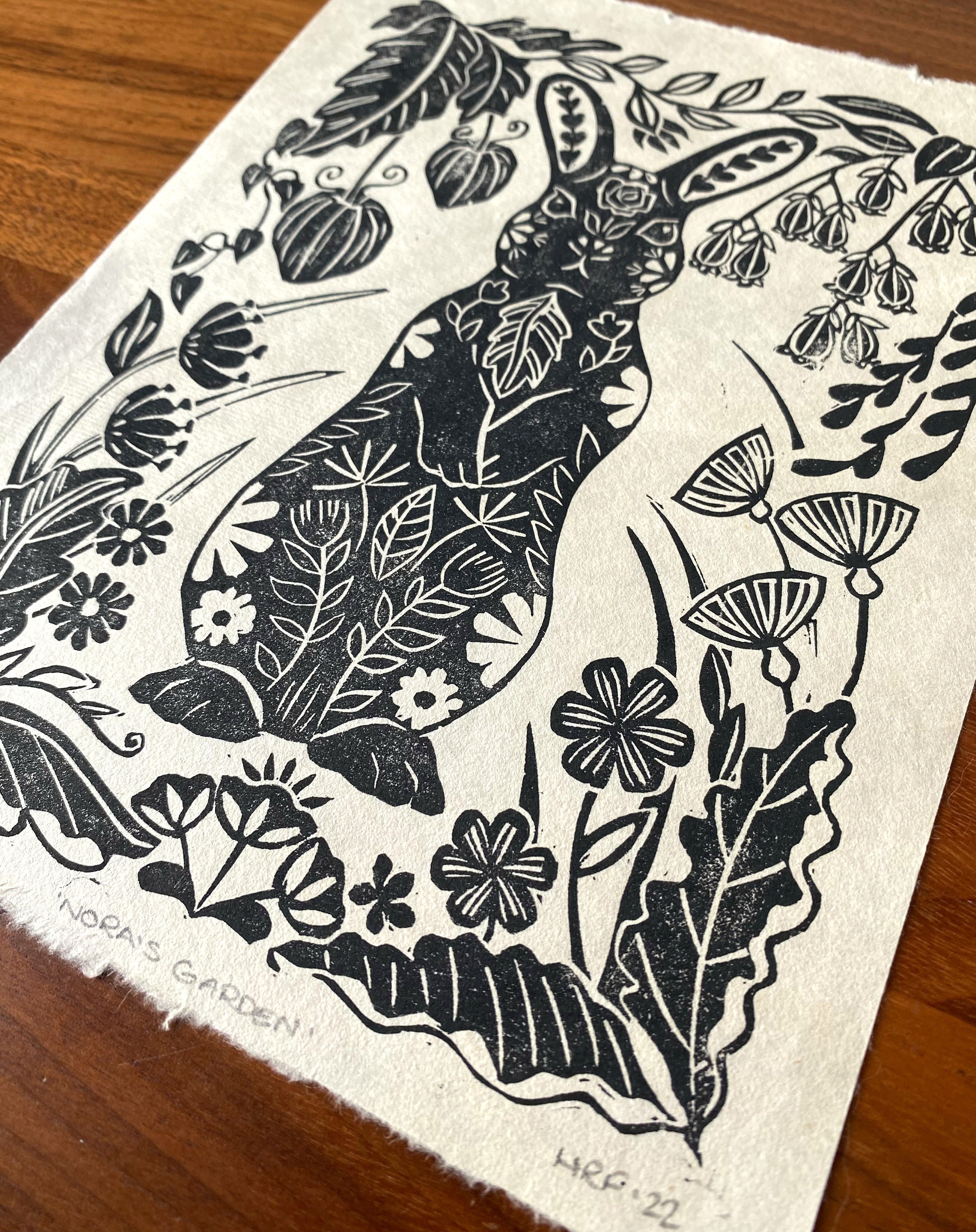 Rabbit Lino Print Black Bunny Linocut Wall Art Original - Etsy