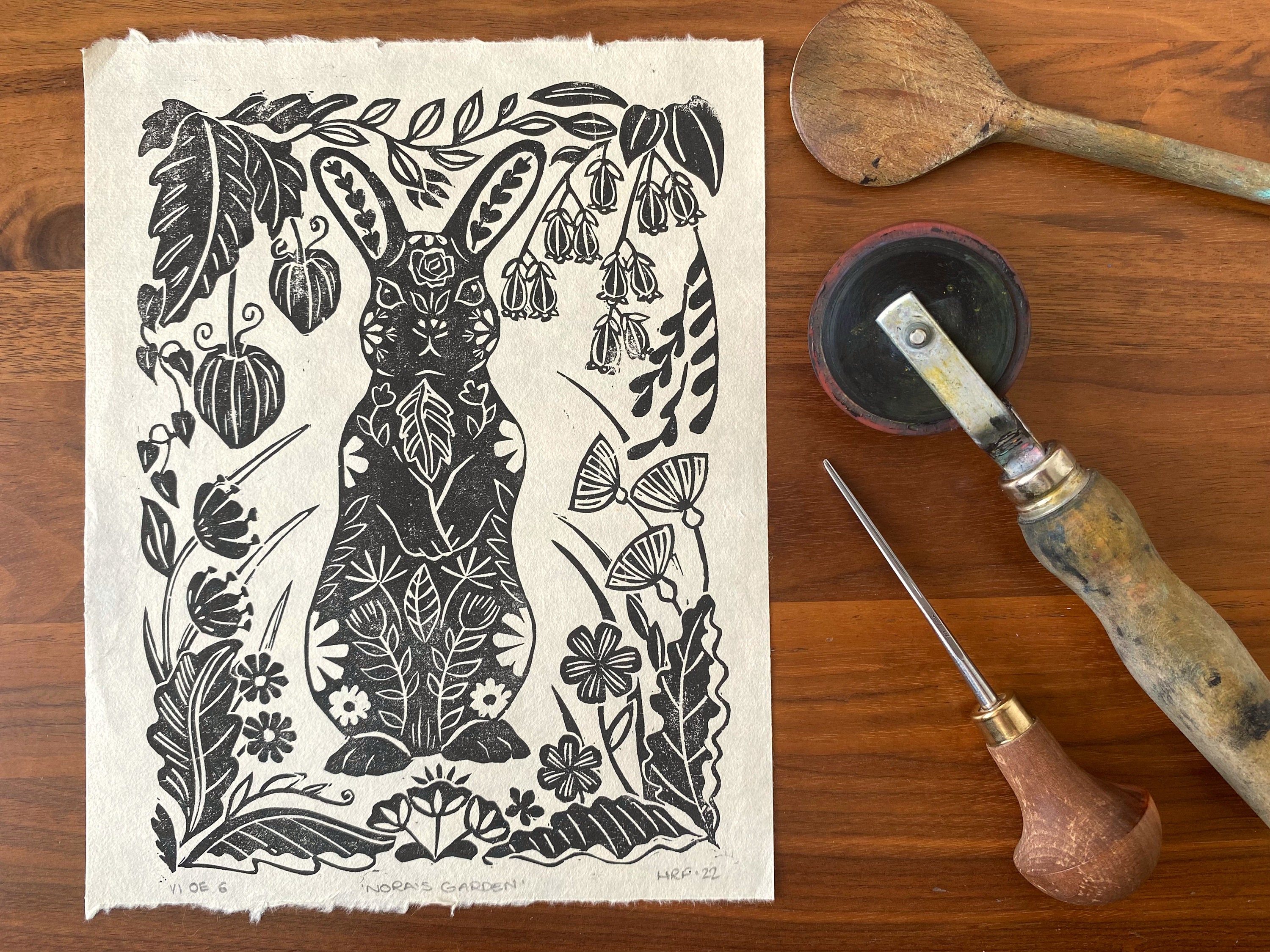 Rabbit Lino Print Black Bunny Linocut Wall Art Original - Etsy