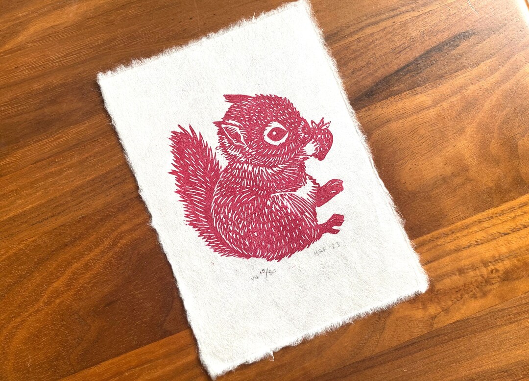 Red Squirrel Linocut - Original Relief Print, Cute Animal Decor ...
