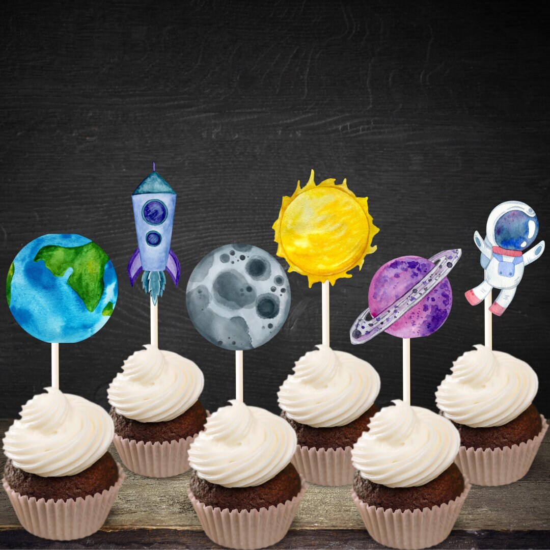 12 Space Themed Cupcake Toppers, Outer Space, Space Birthday Party ...
