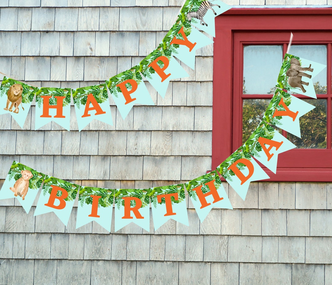 Happy Birthday Safari Themed Banner, SHIPPED, Wild ONE, Jungle Animals ...
