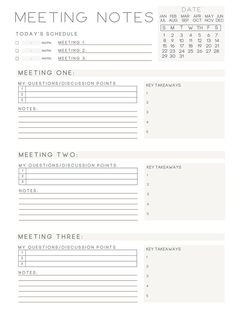 Meeting Notes Template Binder Insert Beige Minimalist Note - Etsy