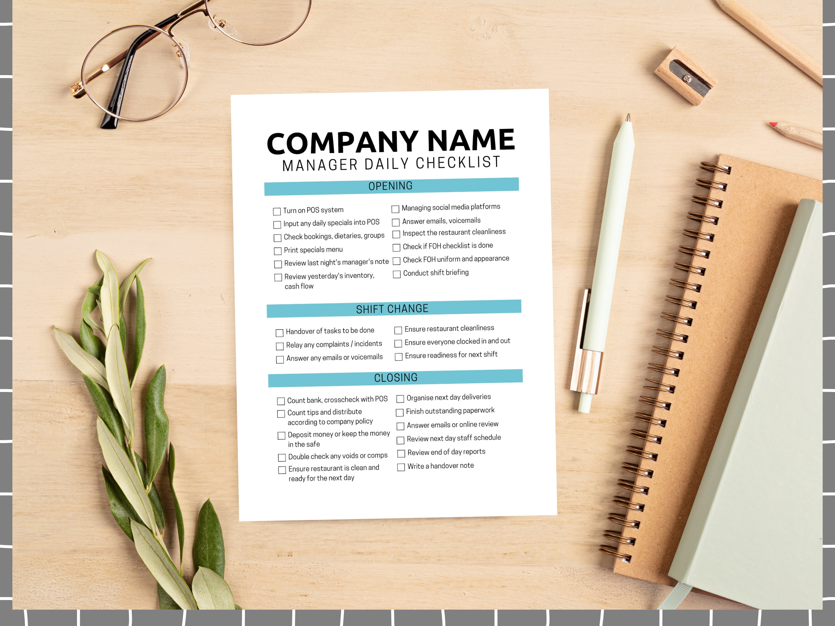 FOH Restaurant Daily Checklist, for Server, Manager and Bartender, for ...