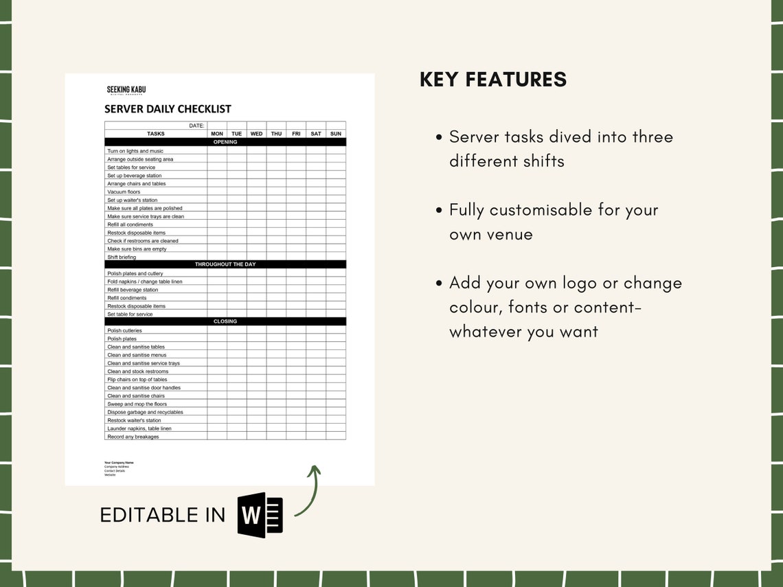 Server Daily Checklist Restaurant Cafe New Hire Training, Mis En Place ...