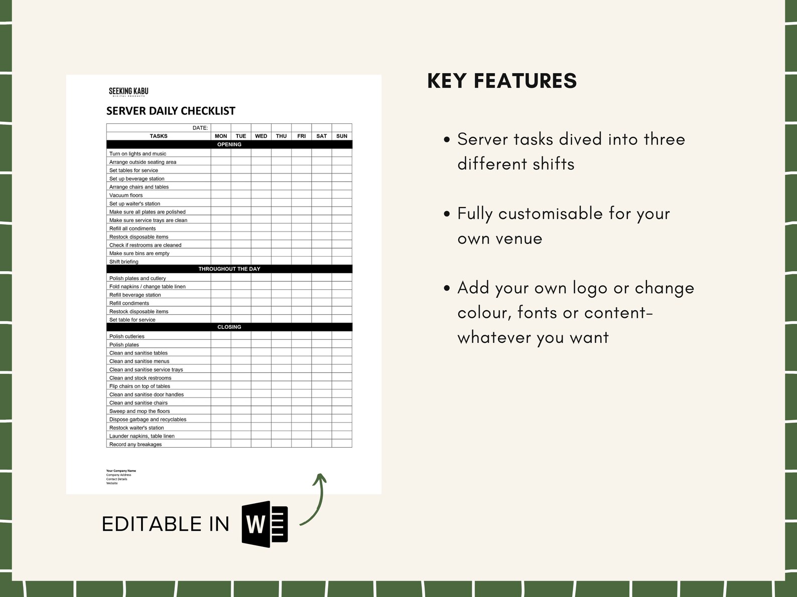 Server Daily Checklist Restaurant Cafe New Hire Training, Mis En Place ...