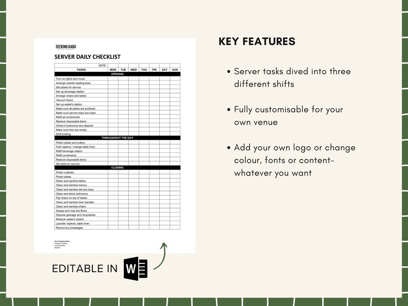 Server Daily Checklist Restaurant Cafe New Hire Training, Mis En Place ...
