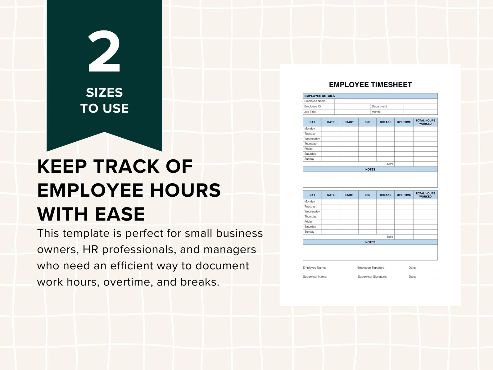 Printable Biweekly Time Sheet, Fortnightly Time Keeping Log, Employee ...