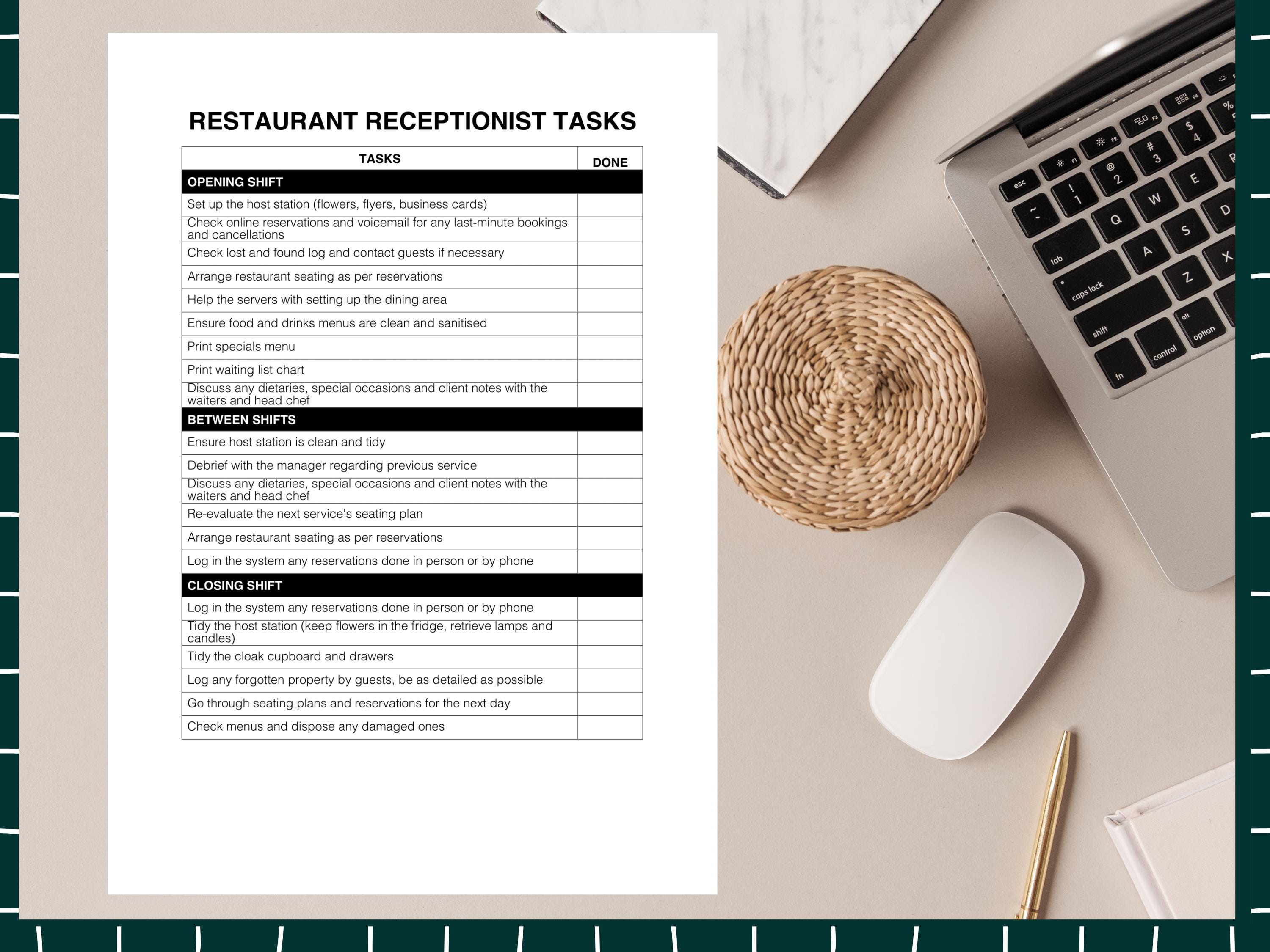 Restaurant Receptionist Daily Checklist, Maître D Duties, Restaurant ...