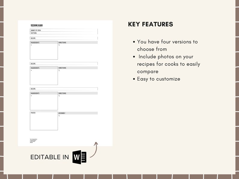 Restaurant Recipe Card Template MS Word Recipe Section Spec Sheet ...