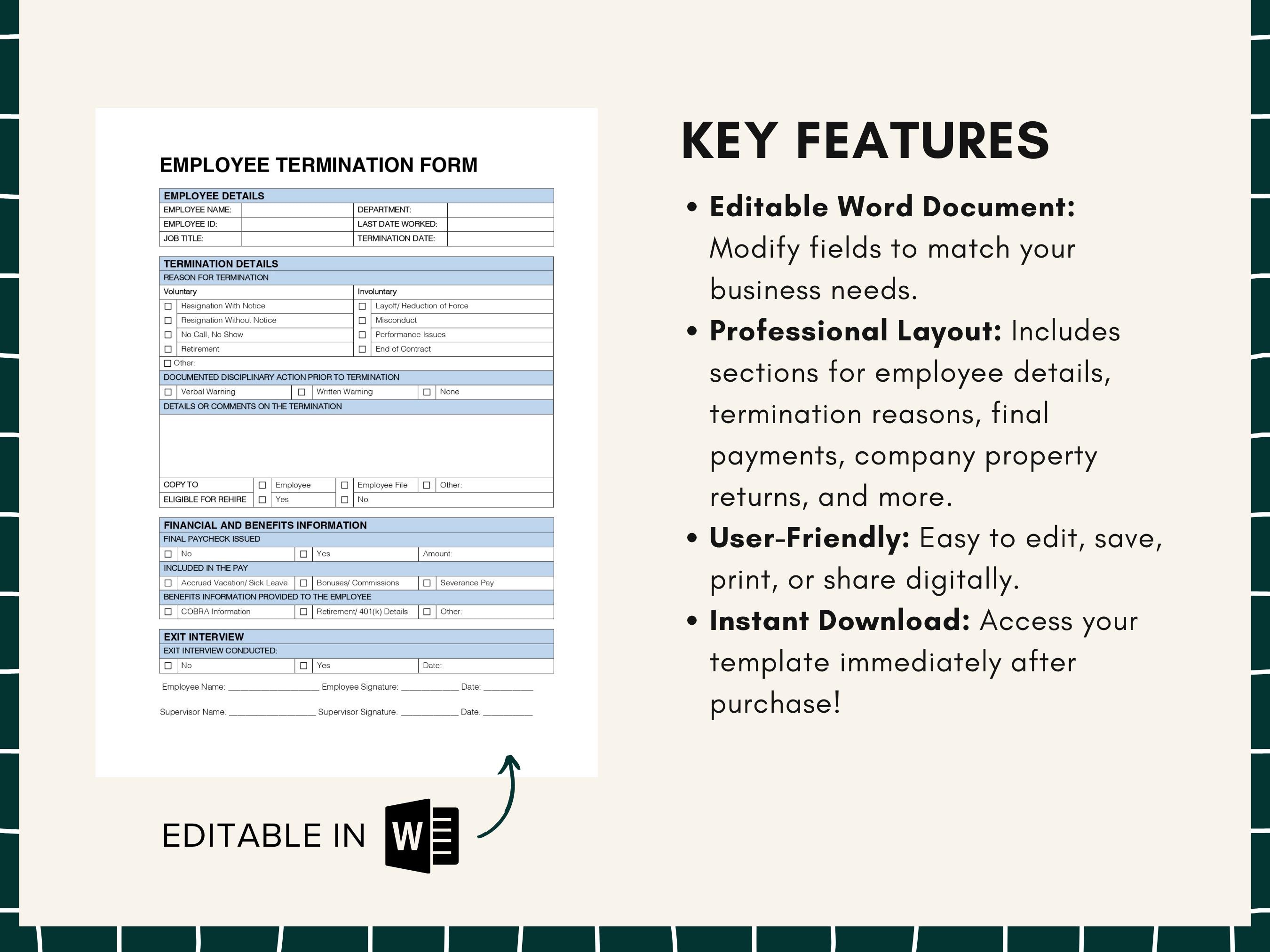 Employee Termination Form - Editable Microsoft Word Template, HR ...