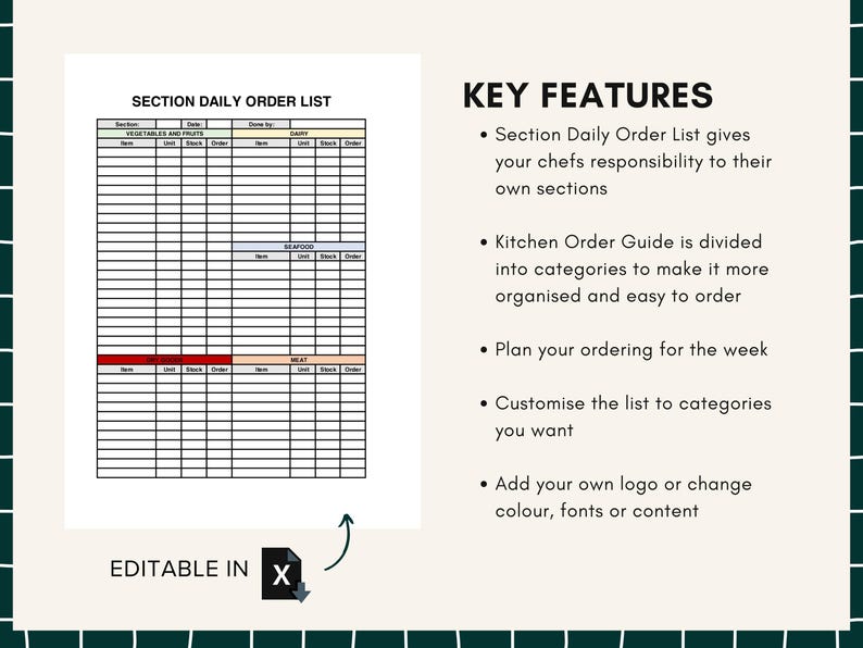 Kitchen Produce Order List, Guide, Section List, Daily, Weekly ...