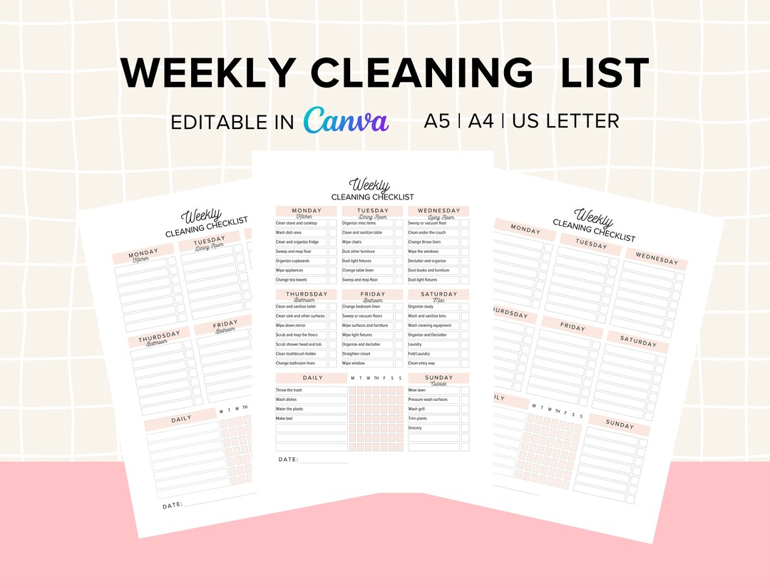 Editable Weekly Cleaning Schedule, Fillable and Printable Checklist ...