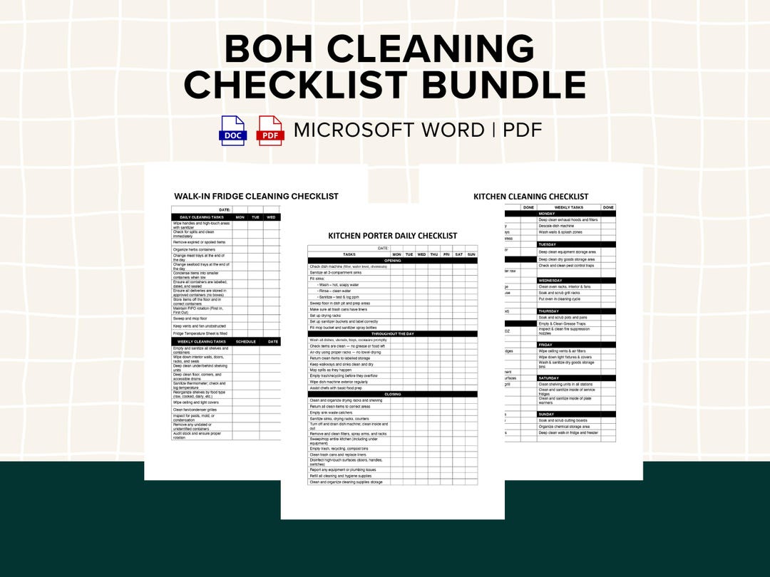 BOH Checklist Templates Bundle , Kitchen, KP, Fridge Cleaning Forms, MS ...