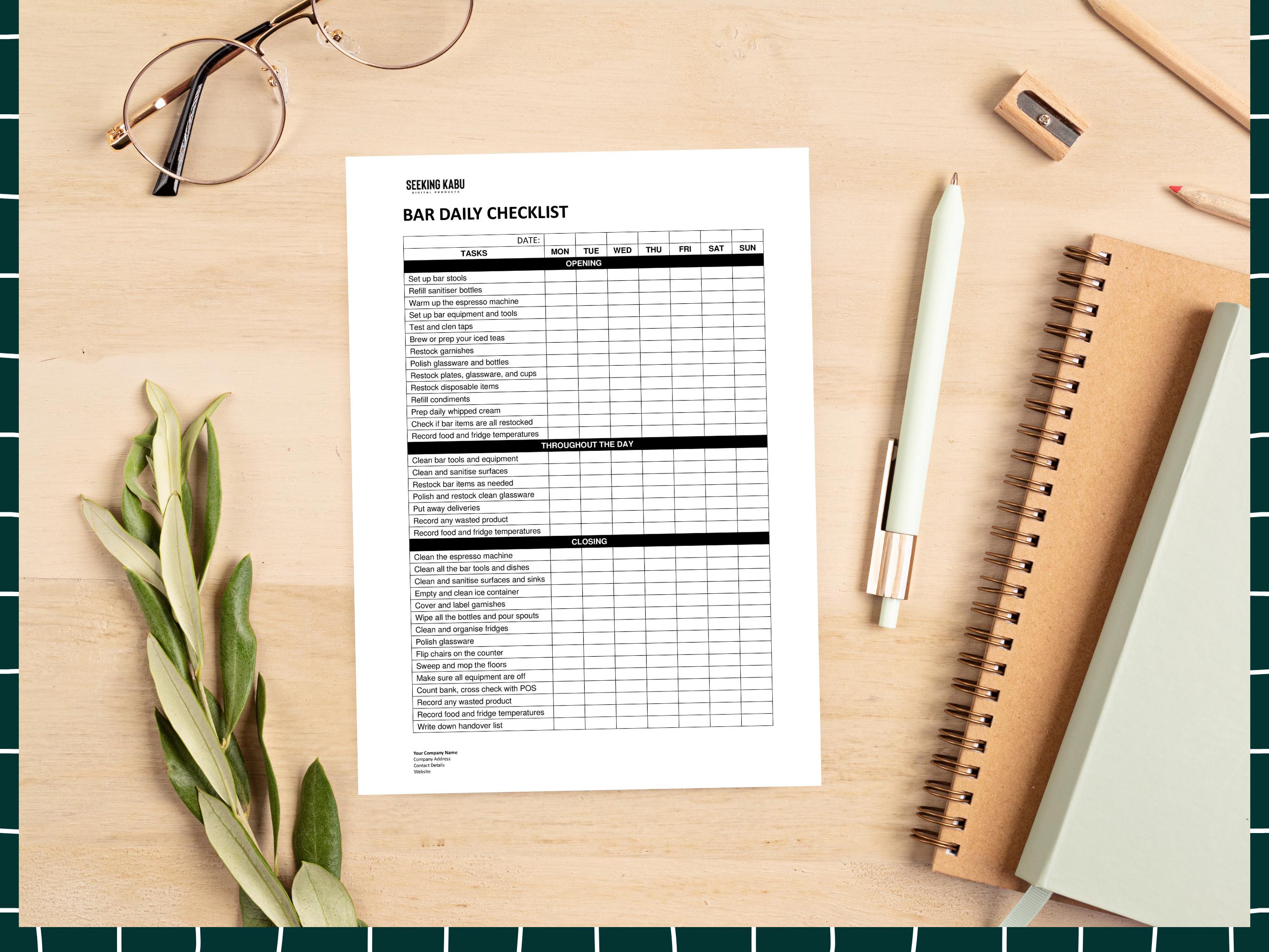Bar Daily Operating Checklist Opening Side Work Closing for Restaurant and Bars Training List ...