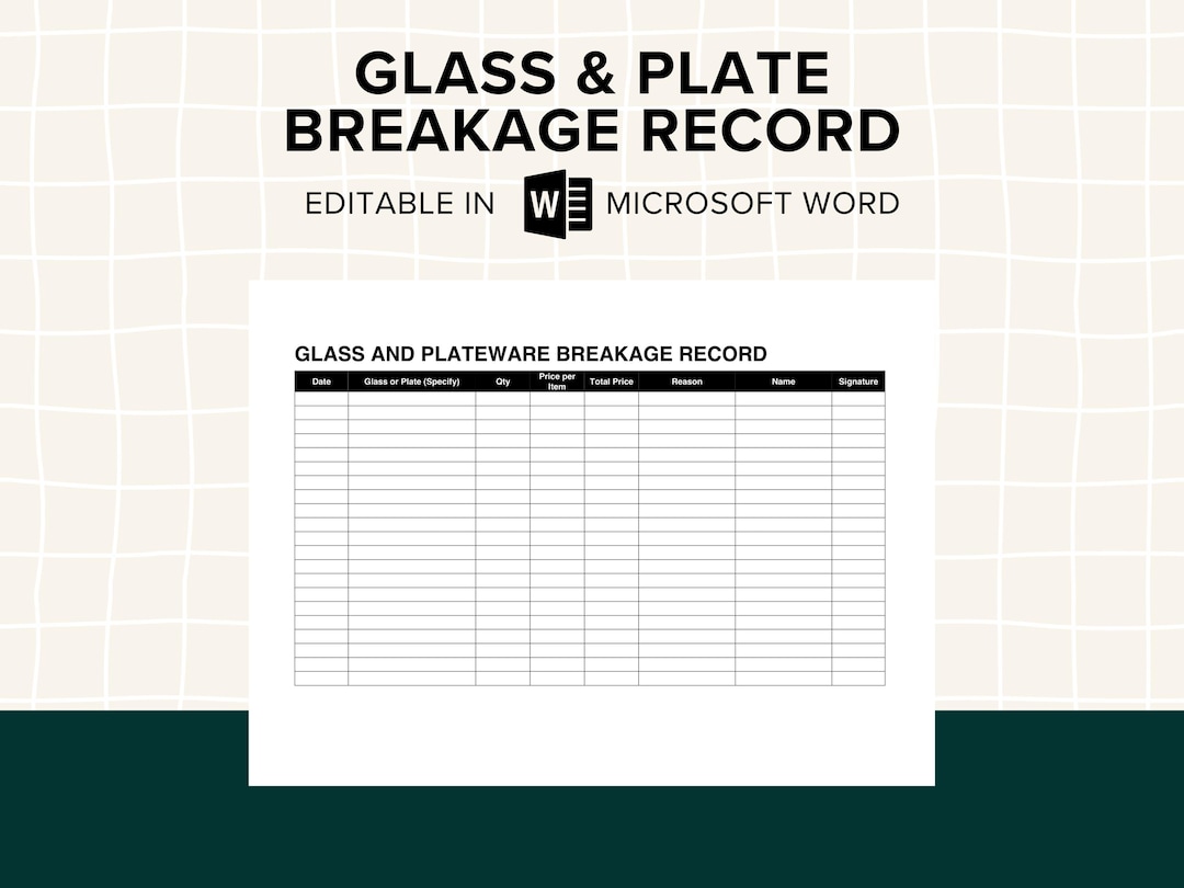 Glass and Plate Breakage Record Template, Editable Dish Breakage Log ...
