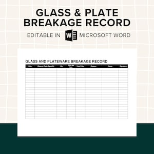 Glass and Plate Breakage Record Template, Editable Dish Breakage Log, Catering, Restaurant ...