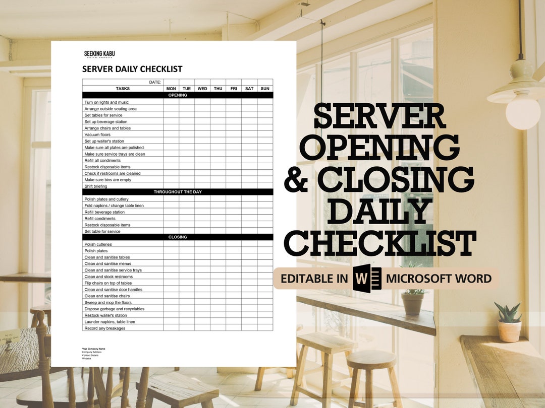 Server Daily Checklist; Restaurant; Cafe; New Hire Training, Mis En Place; Opening, Mid Day ...