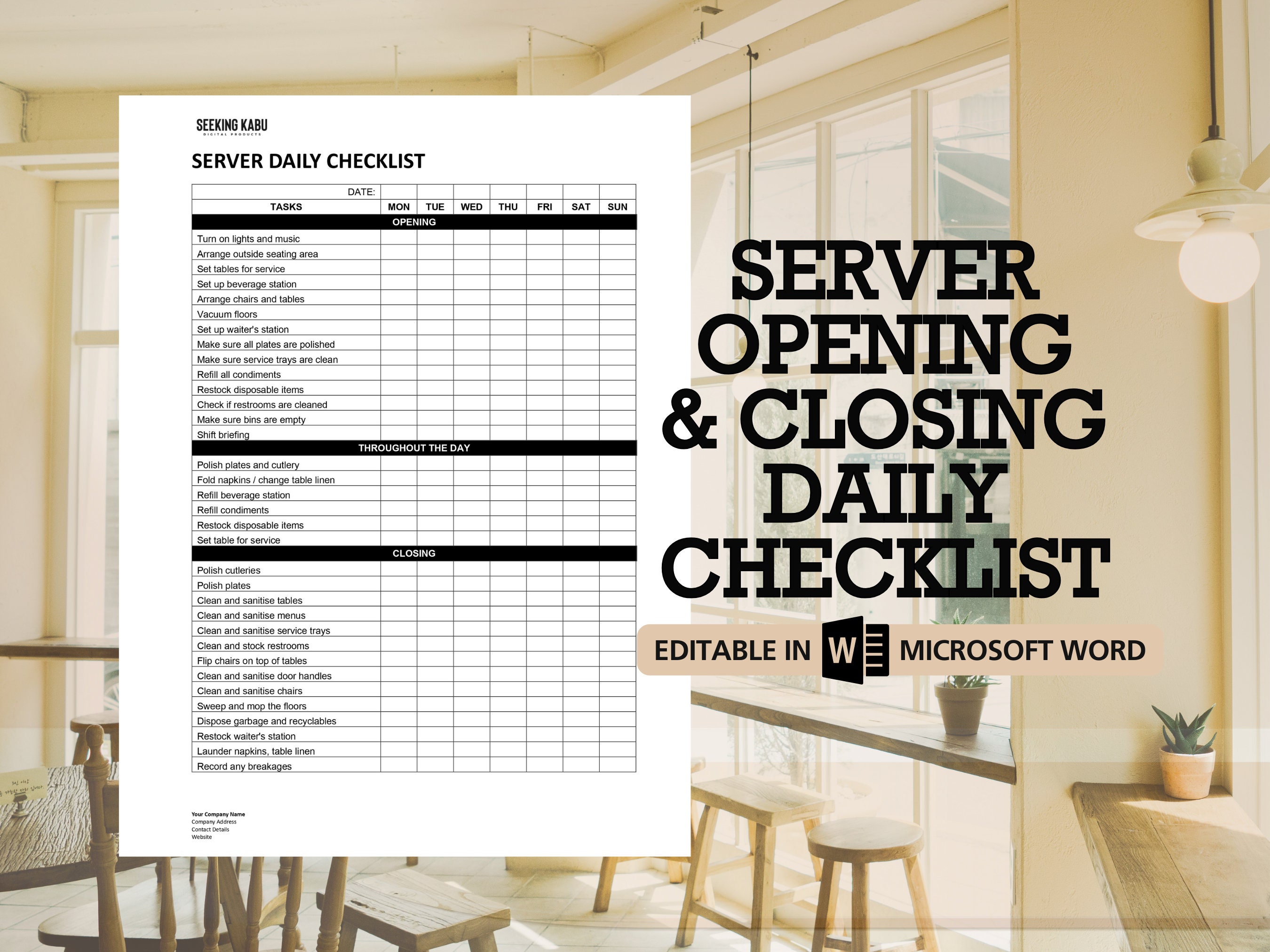 Server Daily Checklist; Restaurant; Cafe; New Hire Training, Mis En ...