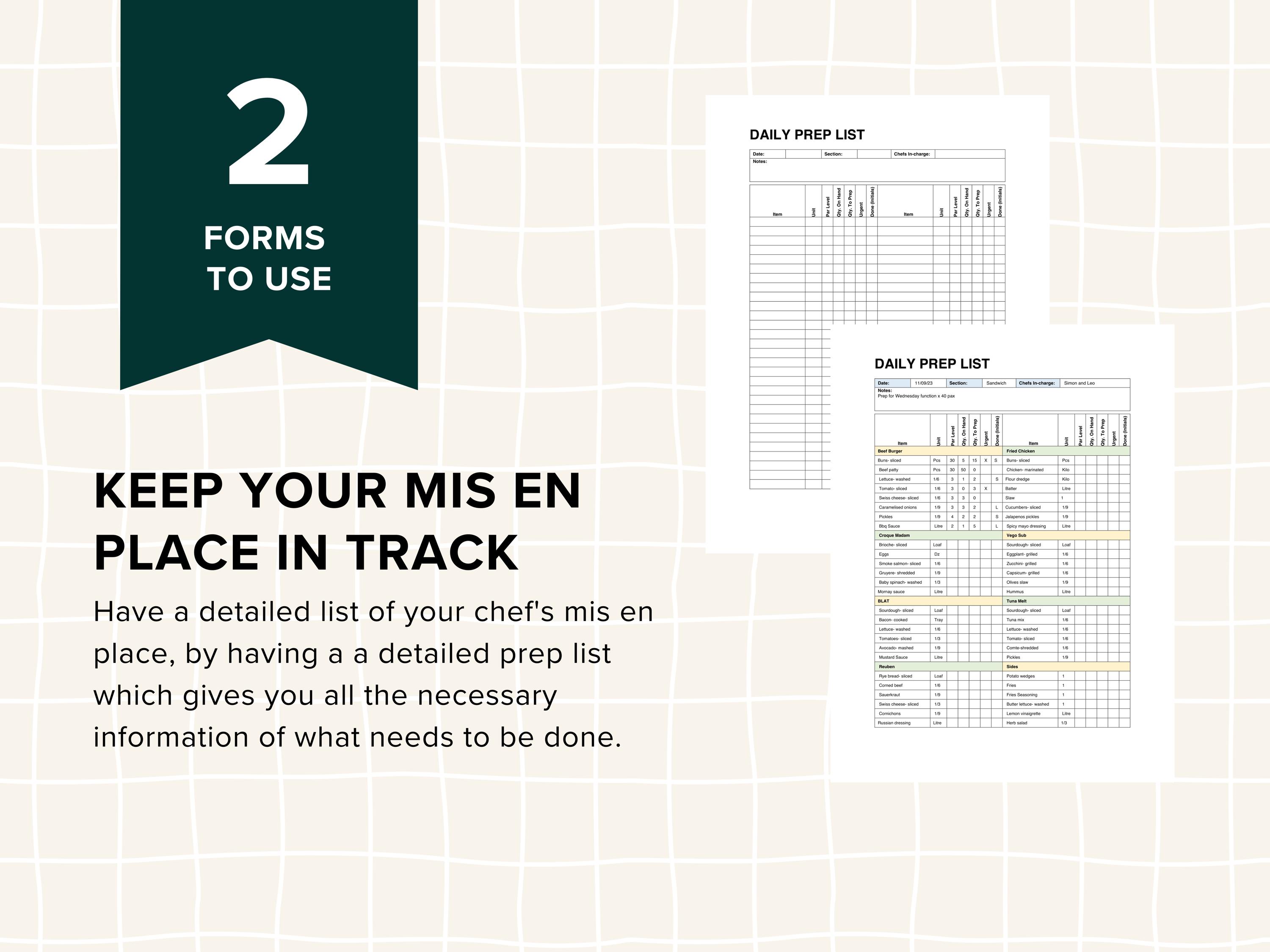 Kitchen Daily Prep List, Shift Handover Notes Fot Chefs, Restaurant and ...