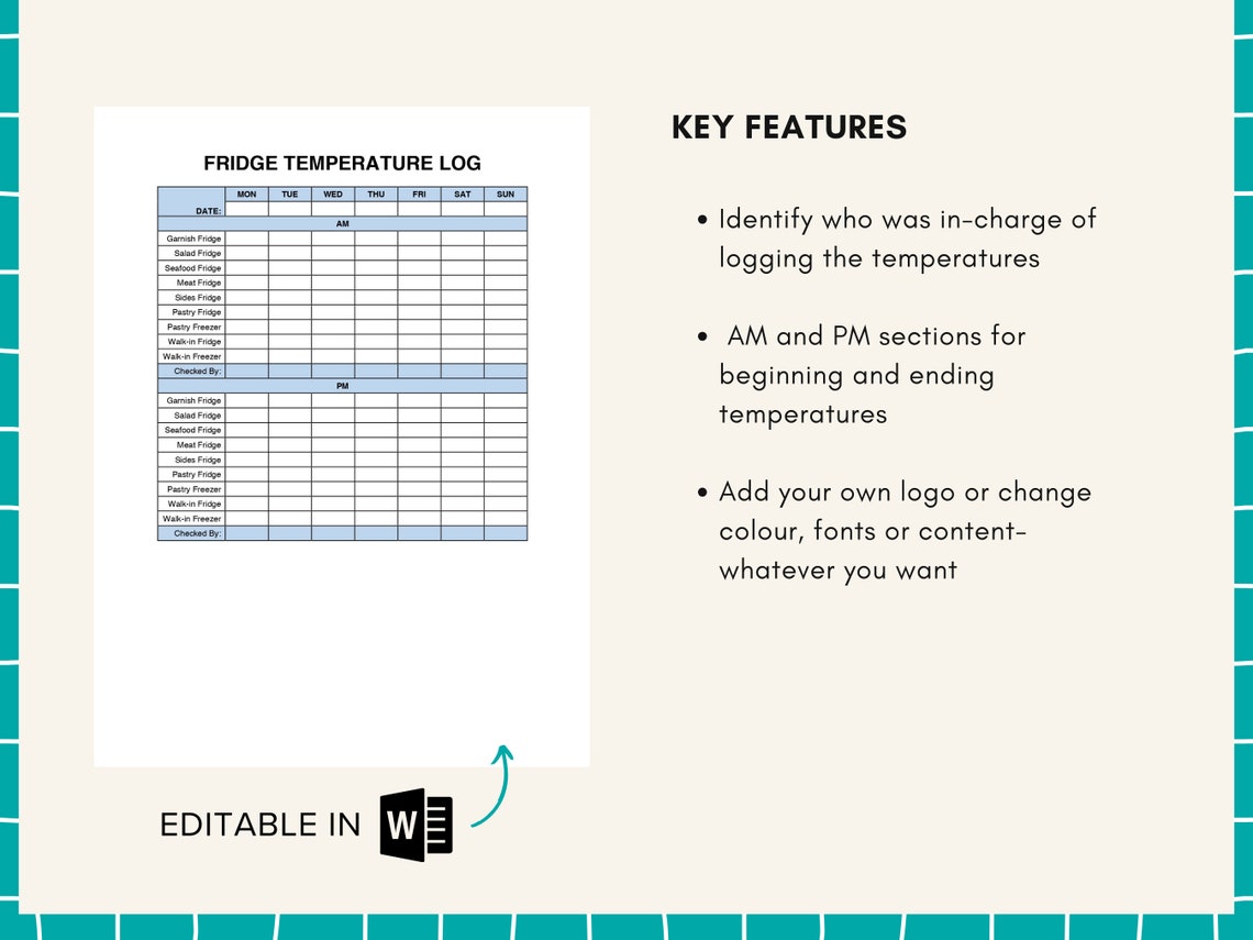 Kitchen Fridge Temperature Log; Restaurant, Cafe, Events, Hospitality ...