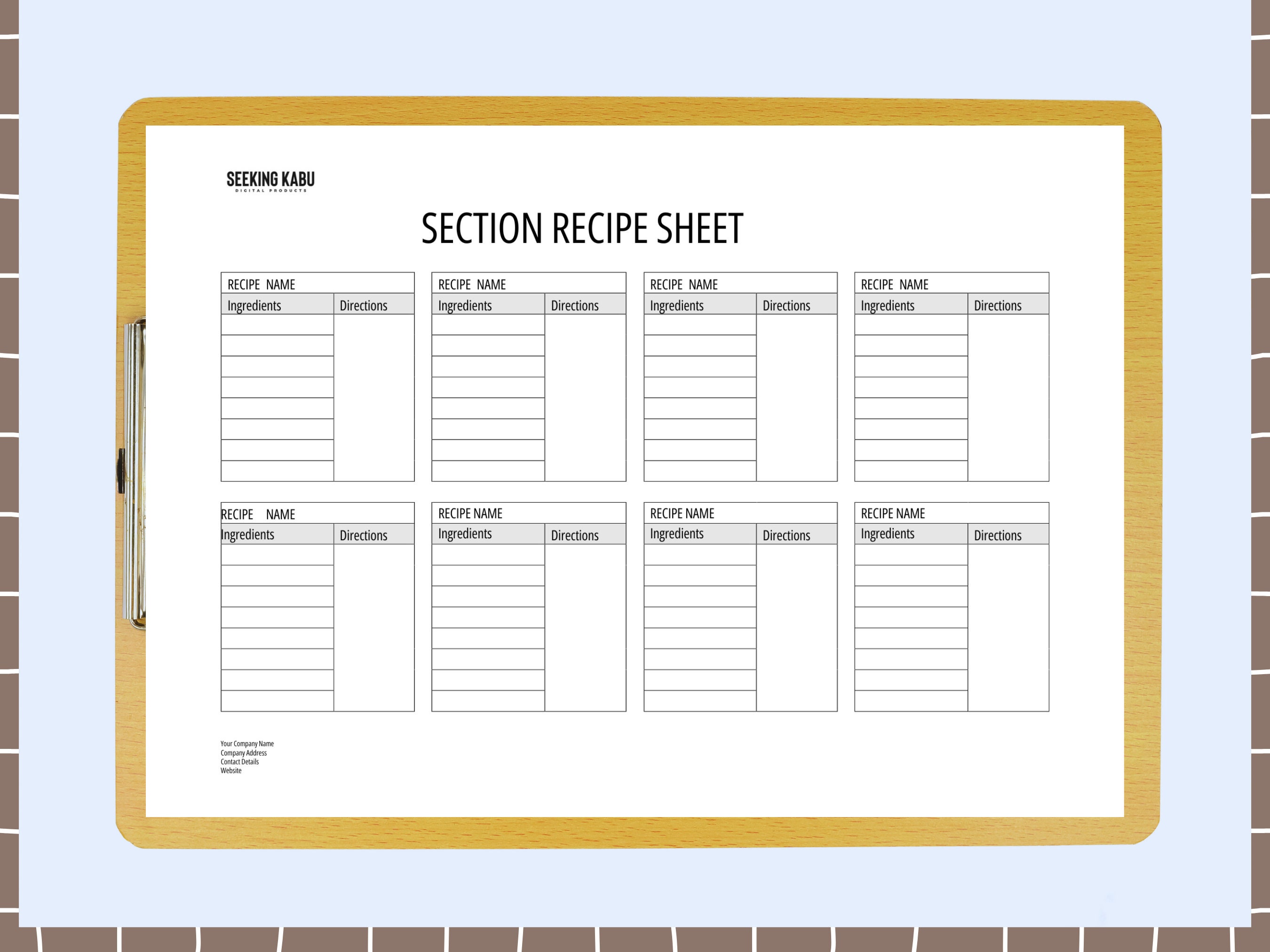 Restaurant Recipe Card Template MS Word Recipe Section Spec Sheet ...
