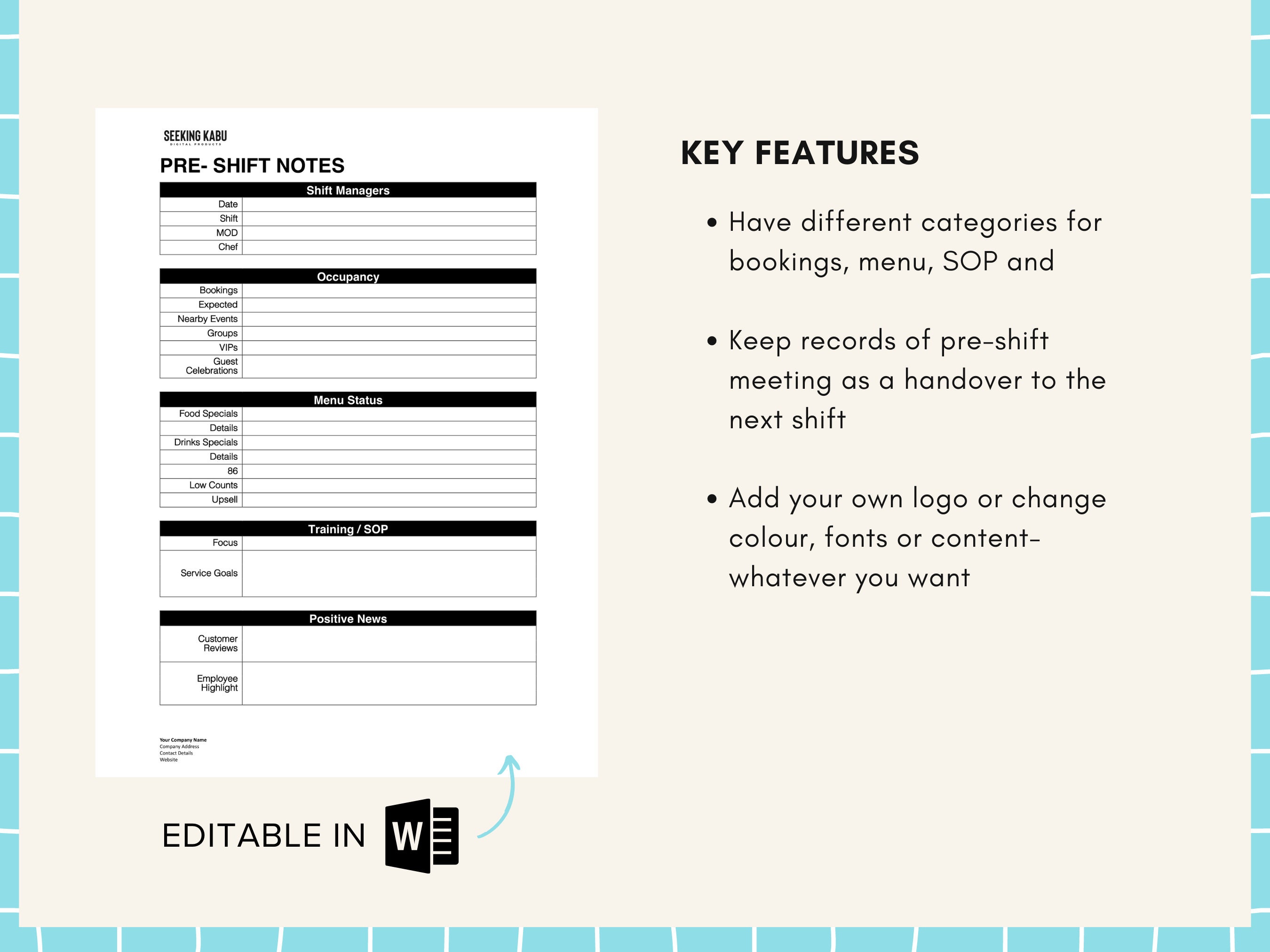 Restaurant Pre-shift Notes; FOH and BOH; Chefs, Waiters; Cafe, Catering ...